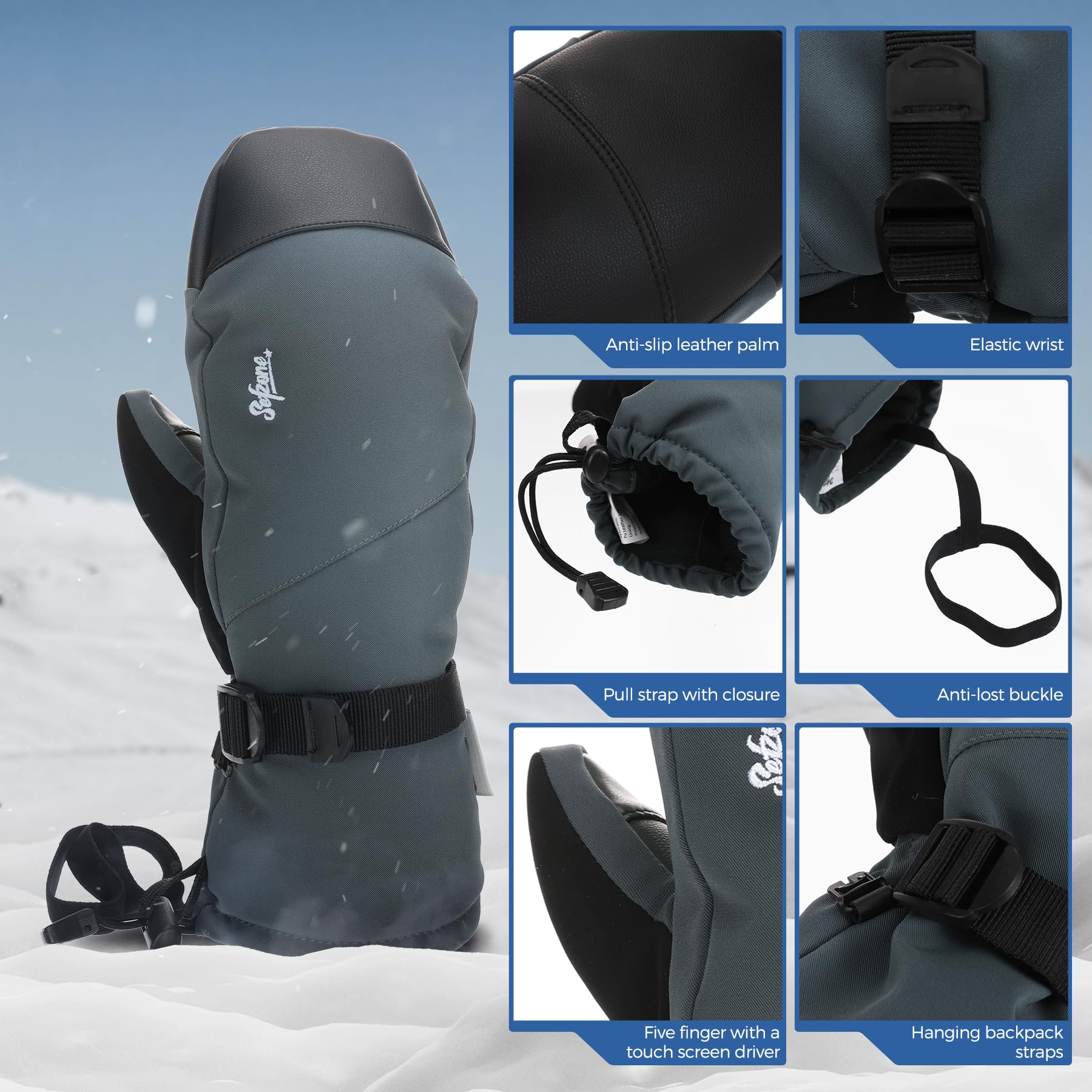 SEFZONE Ski Mittens Waterproof, 3M Thinsulate Insulation Winter Mittens for Men/Women, Touchscreen, Anti-Lost, Snow Mittens for Snowboarding, Snowmobiling, Snow Shoveling