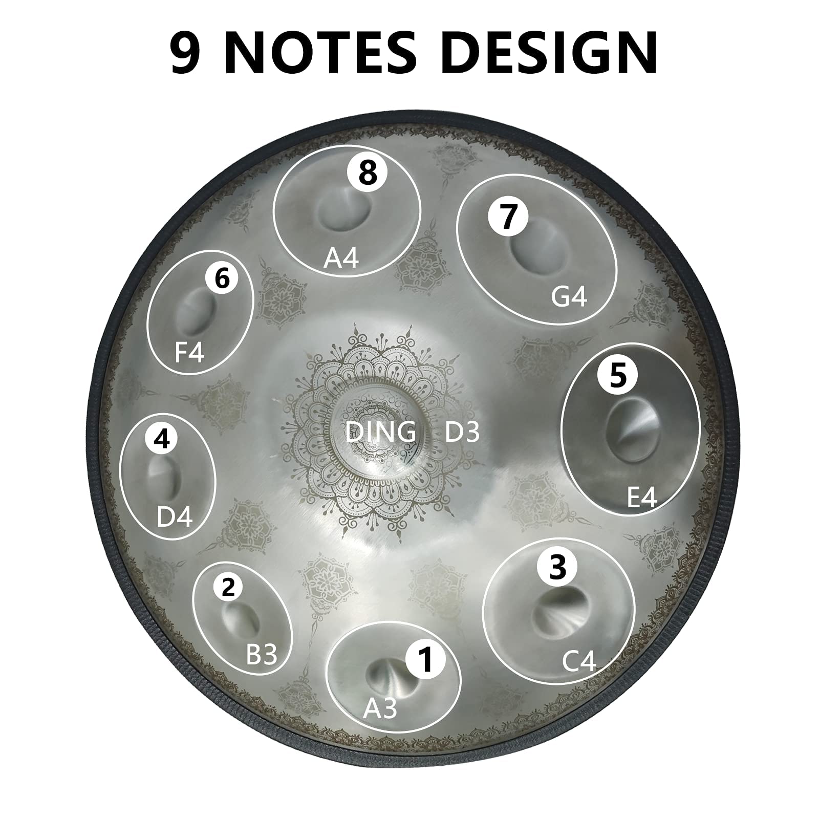 REEKIO HANDPAN, Handpan Drum Instrument in D Minor 9 Notes 22 Inches Steel Hand Drum with Carry Bag, Mallets, Bracket, Note stickers, Wipe Cloth(New Silver)
