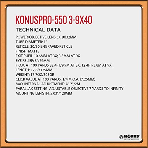 KONUS β KonusPro 7276 - 550 IR 3X-9X40 Riflescope w/ Engraved 550 Ballistic Reticle and Illuminated Center Dot