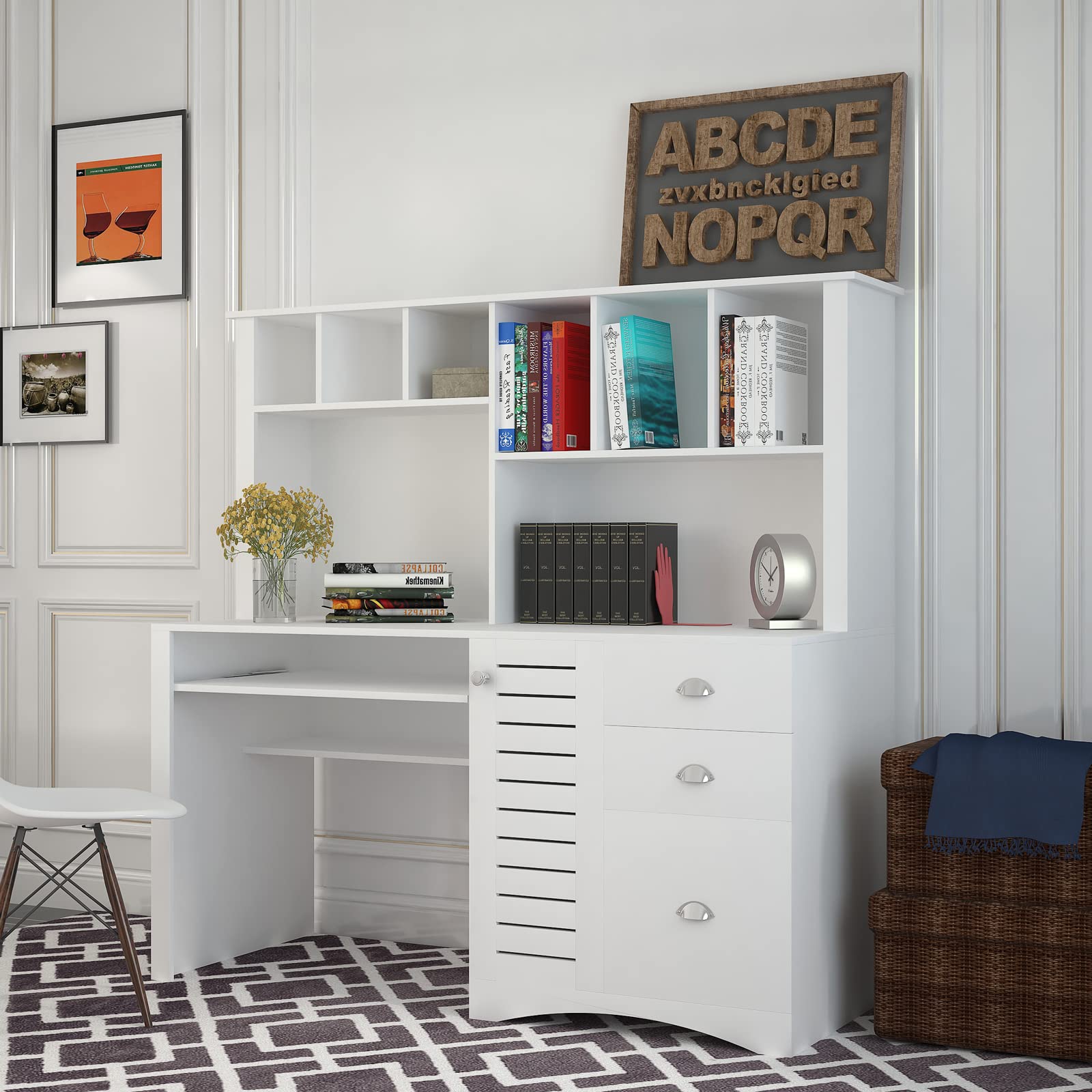 KLIECH Modern Home Office Computer Desk with Hutch,Large Working Space for Kids Adults Bedroom Living Room,Antiqued White Finish