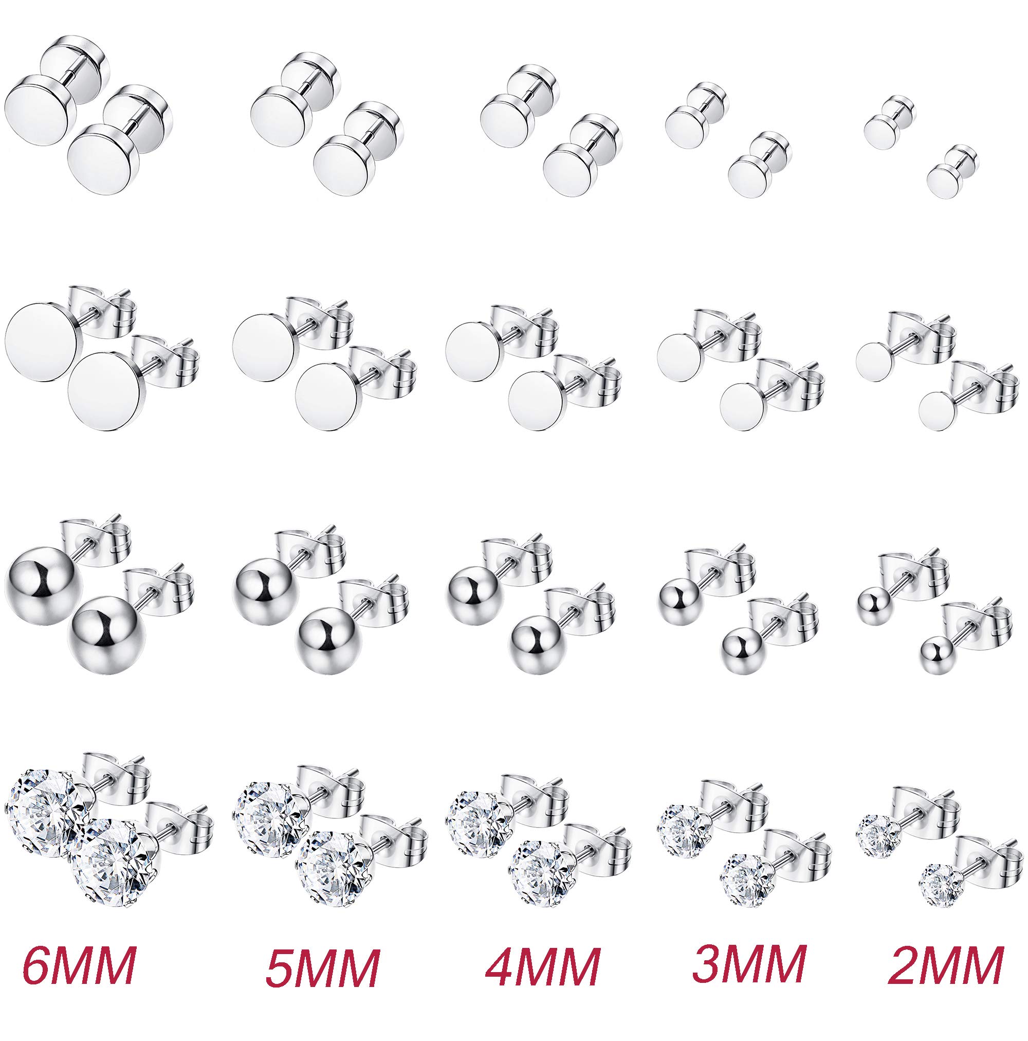 LOYALLOOK 40Pairs Silver Black Tone Stainless Steel Stud Earring for Men Women CZ Round Ball Earring Piercing Set,2-6mm