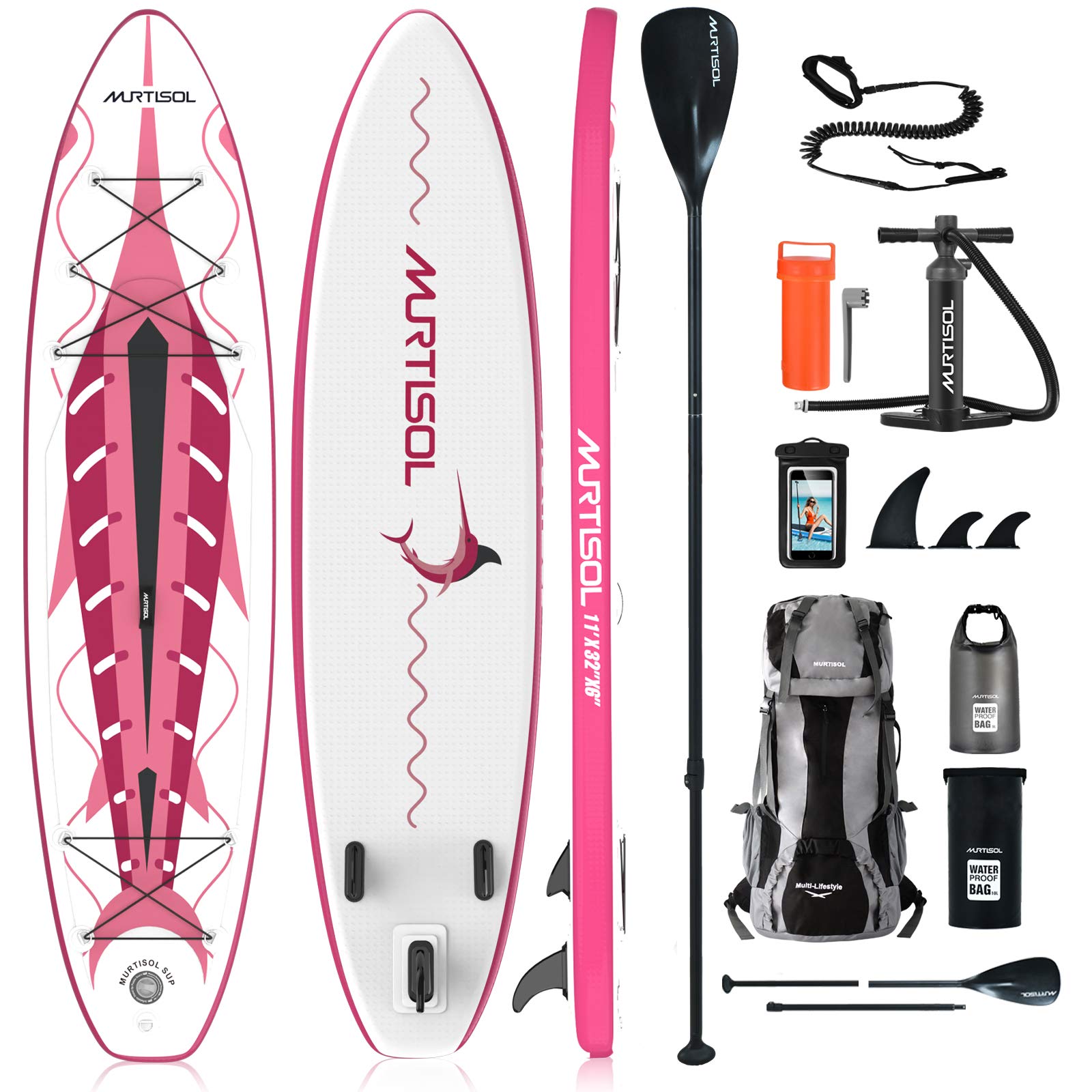 Murtisol 11'32" 6” Inflatable Stand Up Paddle Board with Premium SUP Accessories, Bottom Fin for Paddling, Leash and Hand Pump Non-Slip Deck Standing Board with 2 Waterproof Bags,Pink