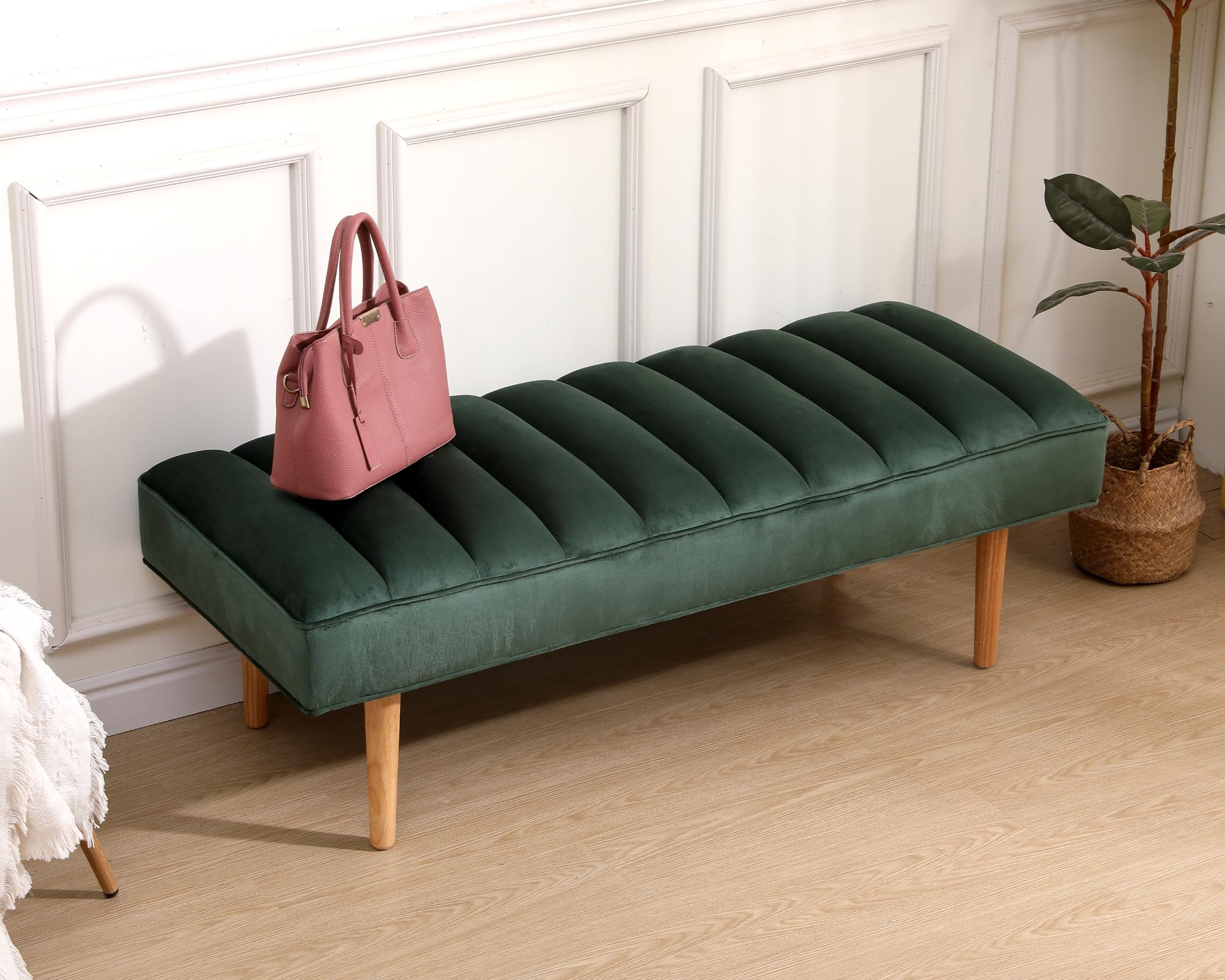 LKTART 52" Entryway Bench Velvet Bench for Bedroom Modern Ottoman End of Bed Padded Benches for Living Room Foyer Mudroom Hallway Green