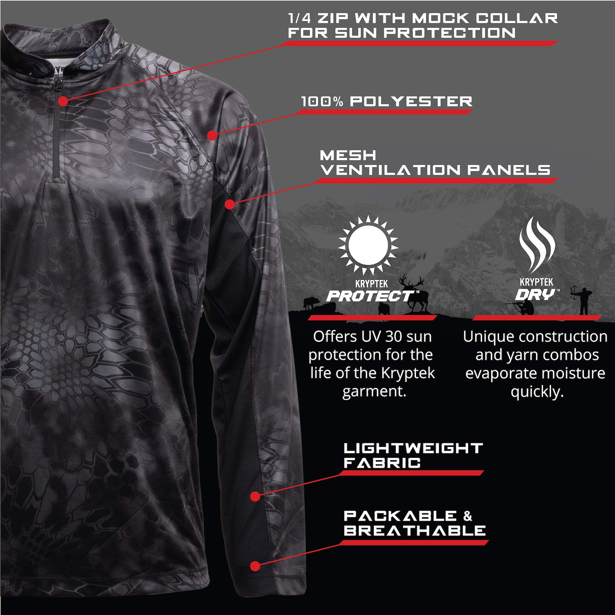 Kryptek Men's Long Zephyr 1/2 Zip, Typhon/Black, L