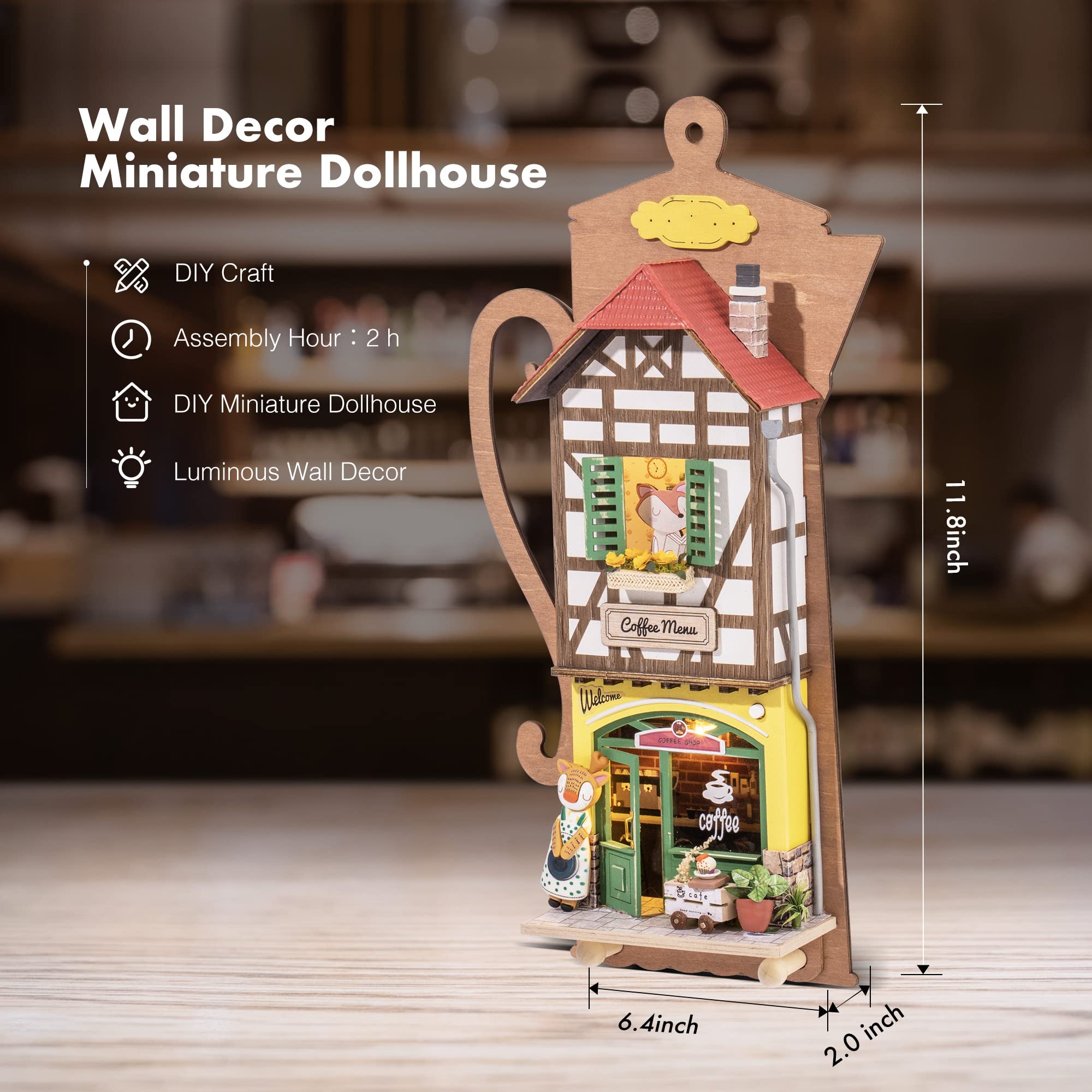 ROBOTIME DIY Miniature Dollhouse kit with LED Wall Hanging Mini House with Hooks Wooden Craft Kits Room Decor Housewarming Gift (Lazy Coffee House)