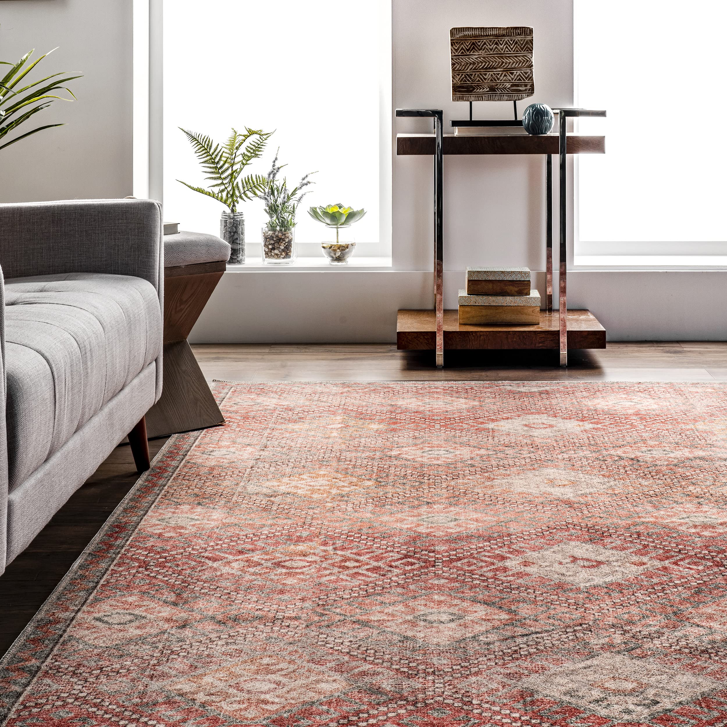 nuLOOM Serenity Machine Washable Diamond Trellis Ultra Thin Area Rug, 8' x 10', Peach
