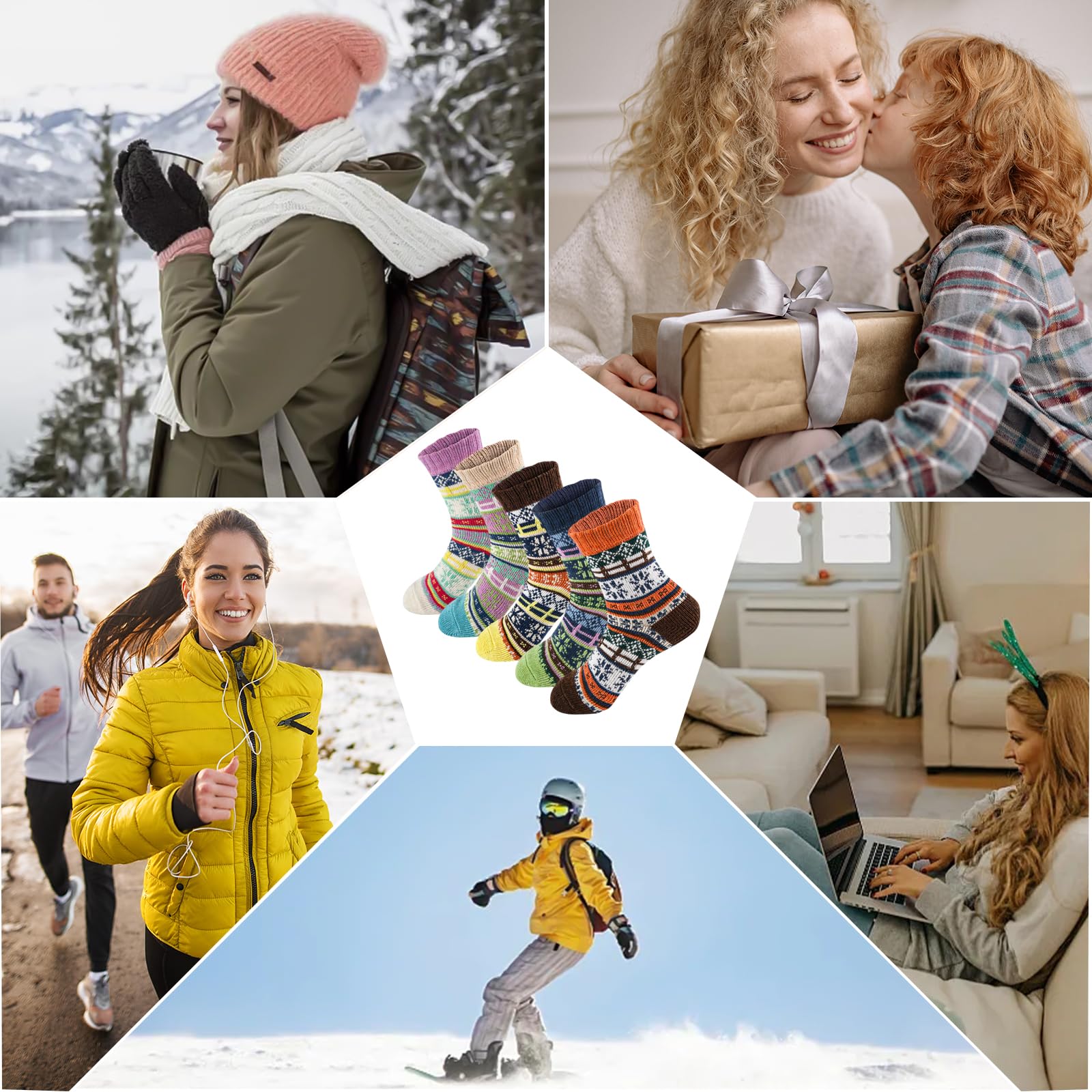 LKV Womens Winter Socks Gift Box Free Size Thick Wool Socks Soft Warm Casual Socks for Women Socks Christmas Socks 5 Pairs