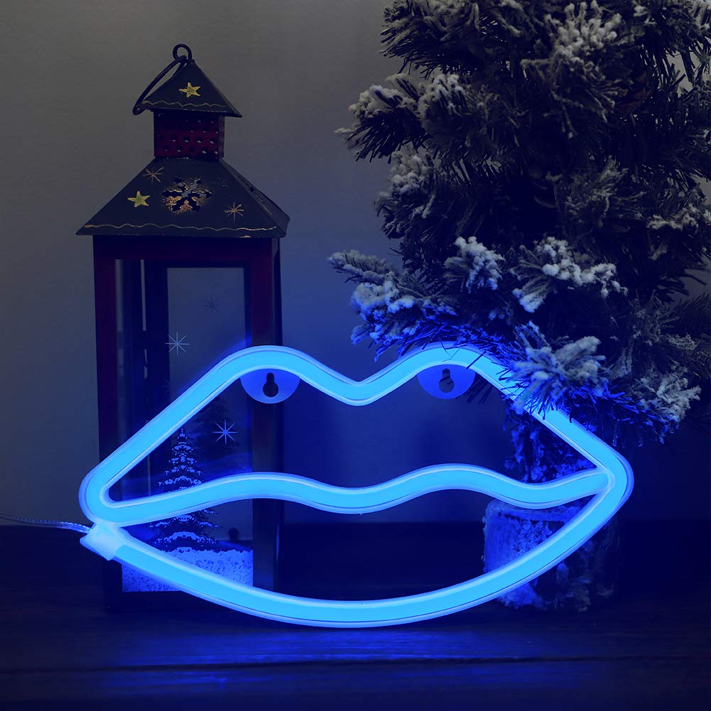 Lip Shaped Neon Signs by woohaha Led Neon Light Art Decorative Lights Wall Decor for Christmas Children Baby Room Wedding Party Decoration (Blue)