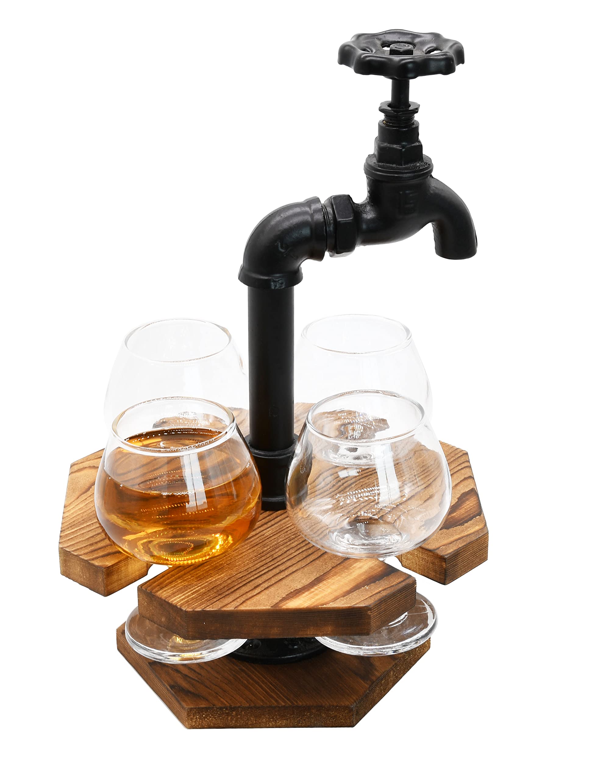 Owlgift Industrial Pipe & Burnt Wood Beer/Whiskey Flight Set with 4 Glasses, Cast Iron Faucet Spigot Design
