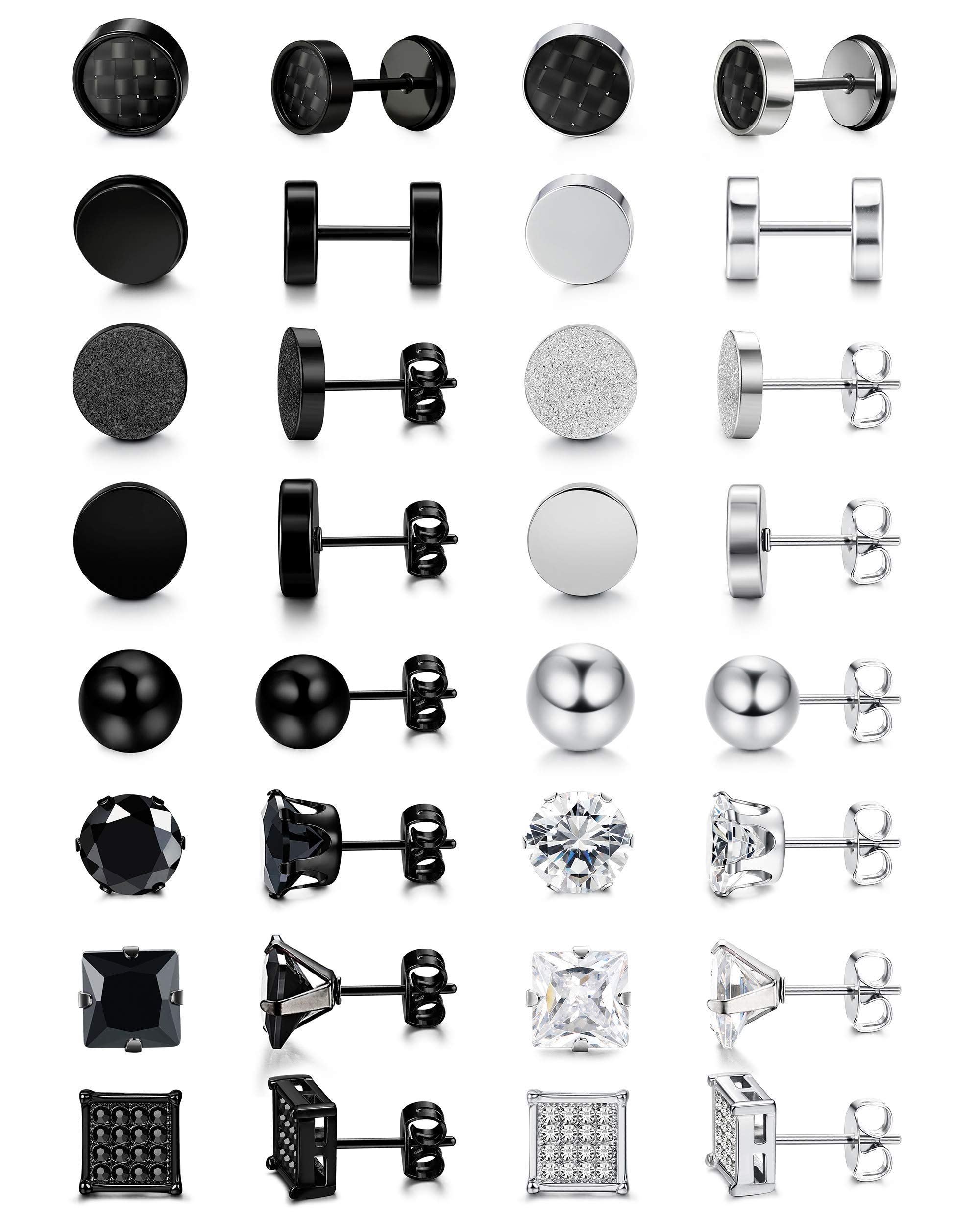 LOYALLOOK Stainless Steel Black Stud Earrings Silver Cubic Ziconia Stud Earrings Sets Tunnel Earring Ball Studs for Women Men 16 Pairs 6MM