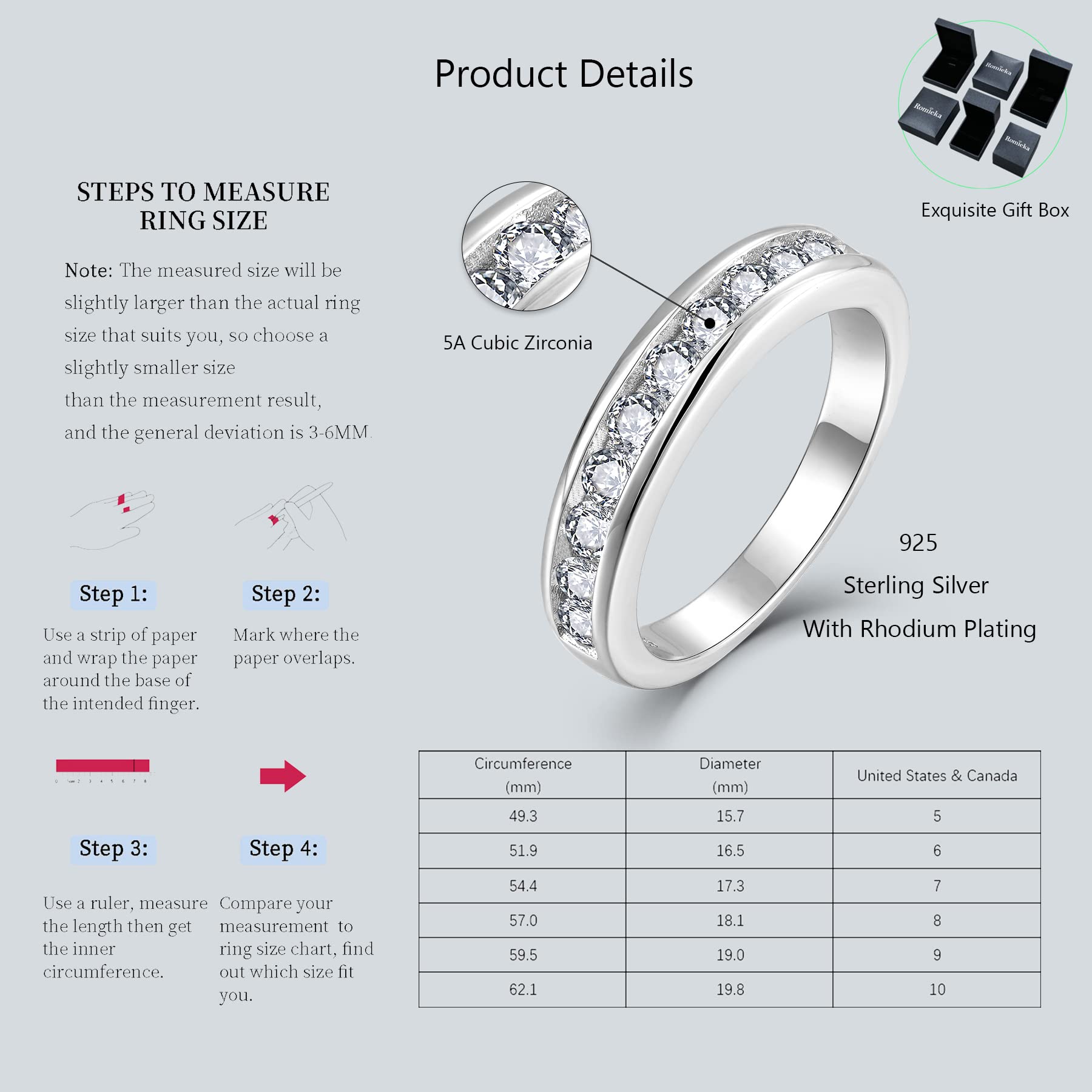 Romieka Rings Eternity Ring 14K White Gold Plated 925 Sterling Silver Cubic Zirconia Anniversary Wedding Engagement Ring,Size5