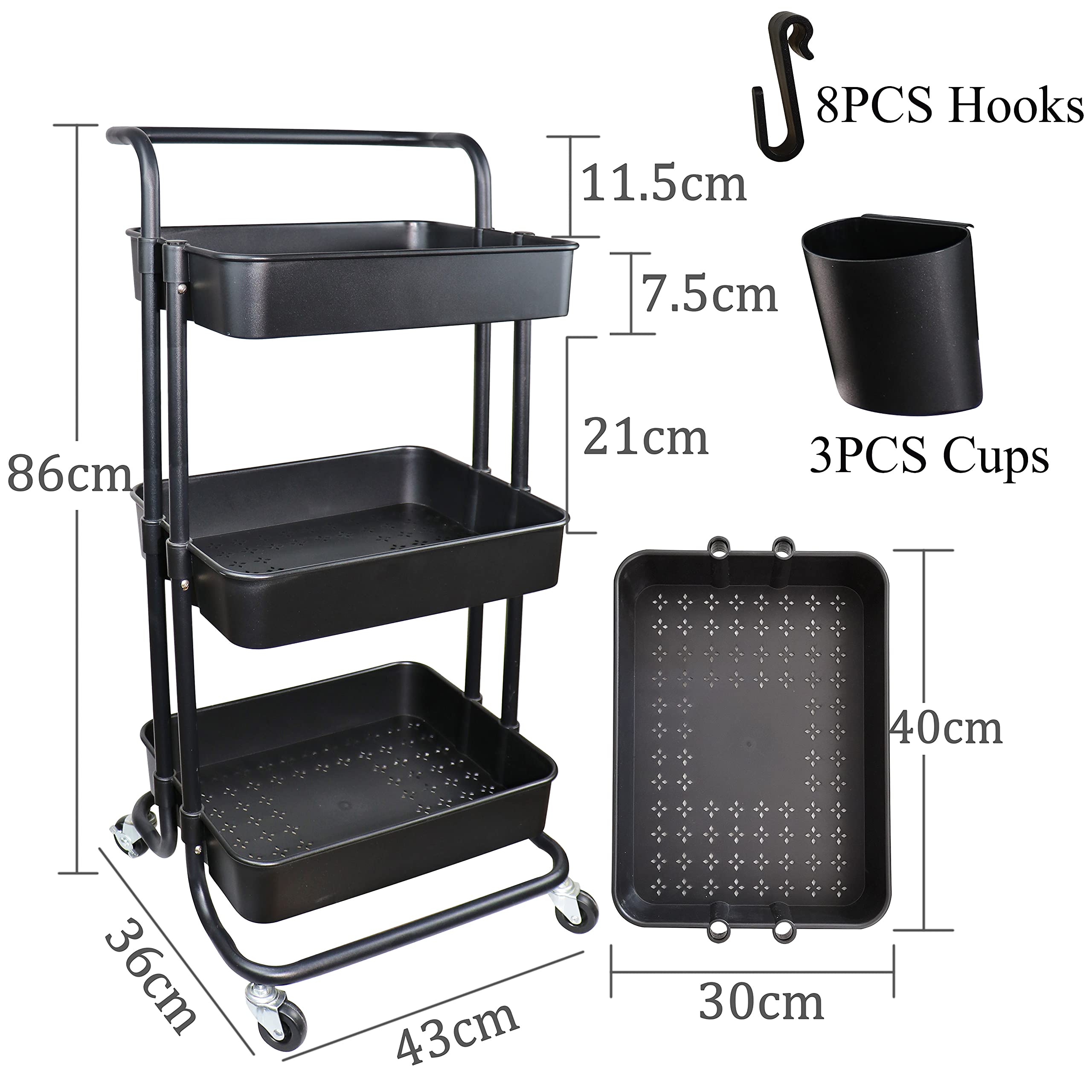 Piowio 3 Tier Utility Rolling Cart Multifunction Organizer Shelf Storage Cart with Handle and Lockable Wheels for Home Kitchen Bathroom Laundry Room Office Store etc. (Black)