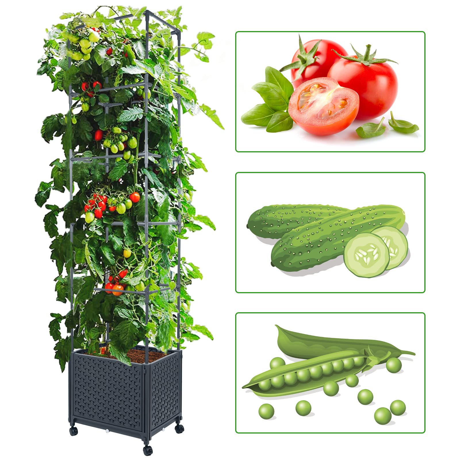 LINEX Raised Garden Bed Planter Box with Trellis, 67.6β Tomato Planters for Climbing Plants Vegetable Vine Flowers Outdoor Patio, Tomatoes Cage w/Self-watering & Wheels