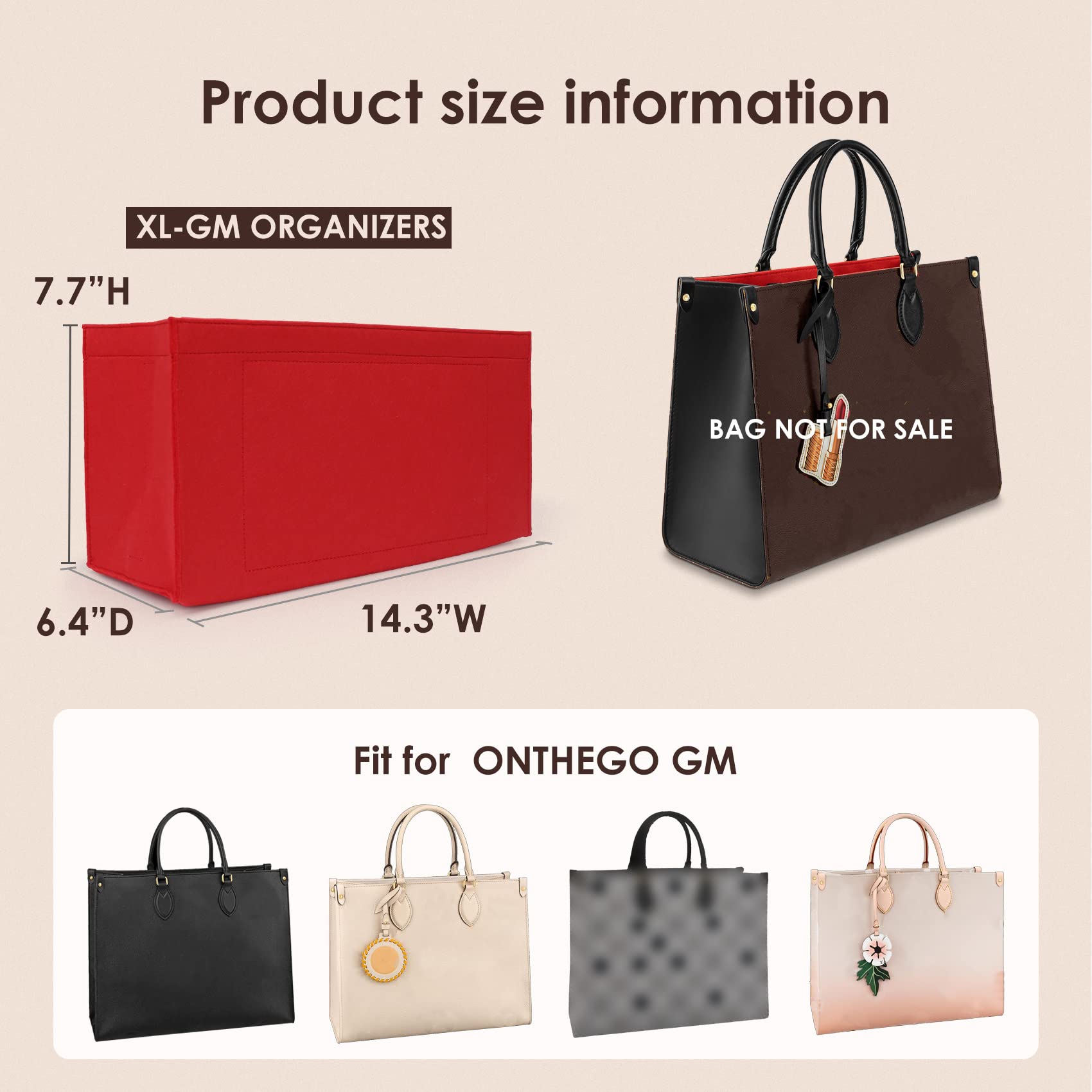 OAikor Bag Organizer Insert for Onthego GM 40 Handbag & Small D Book Tote, Felt Tote Bag Insert Organizer with Zipper and Cover, 9 Compartment, Bag in Bag(XL, Red)