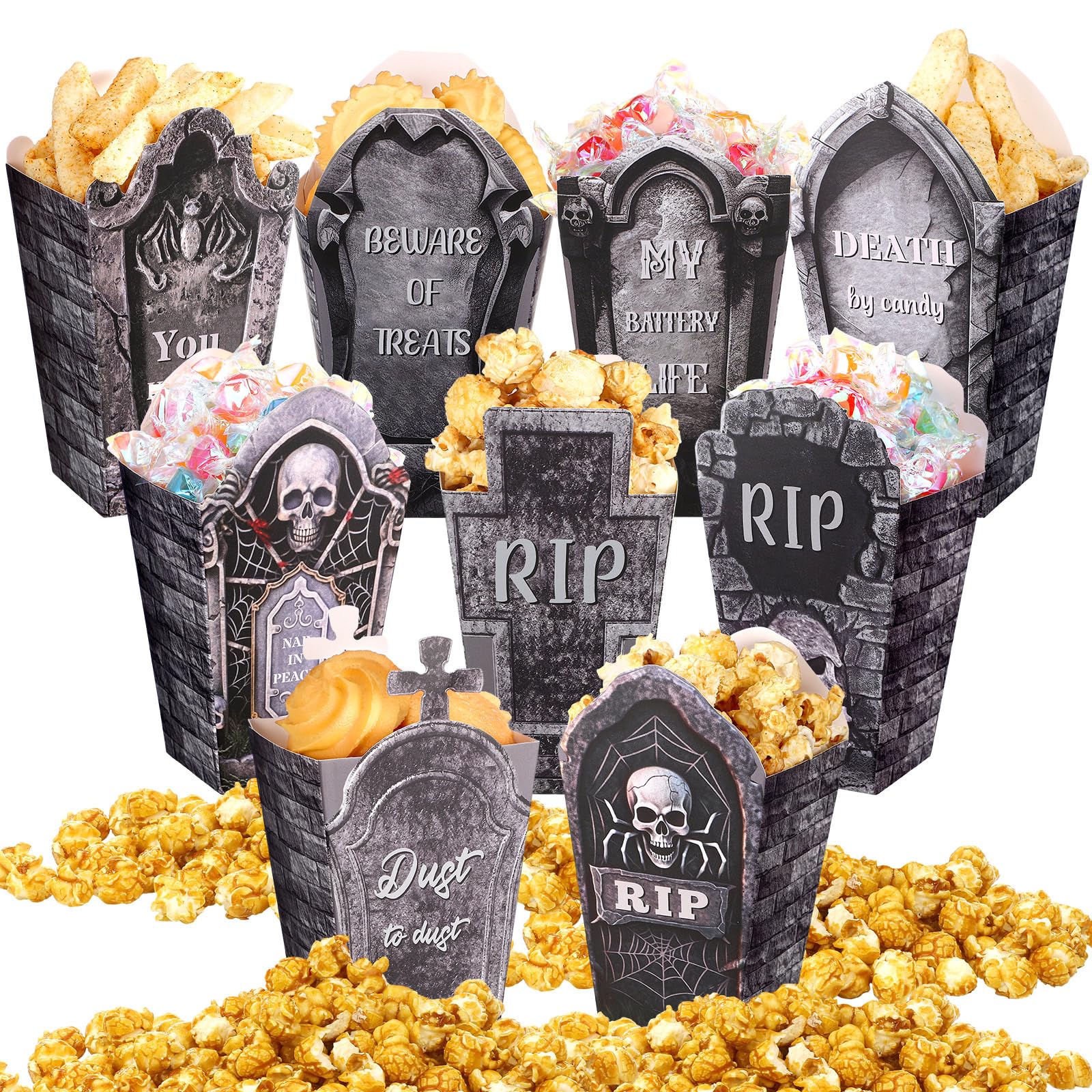 Weekgrat 90 Pcs 9 Styles Halloween Popcorn Boxes Mini Tombstone Cardboard Popcorn Bags Trick or Treat Snack Boxes Spooky Treat Bags for Candy Popcorn Biscuits Halloween Trick or Treat Party Favors