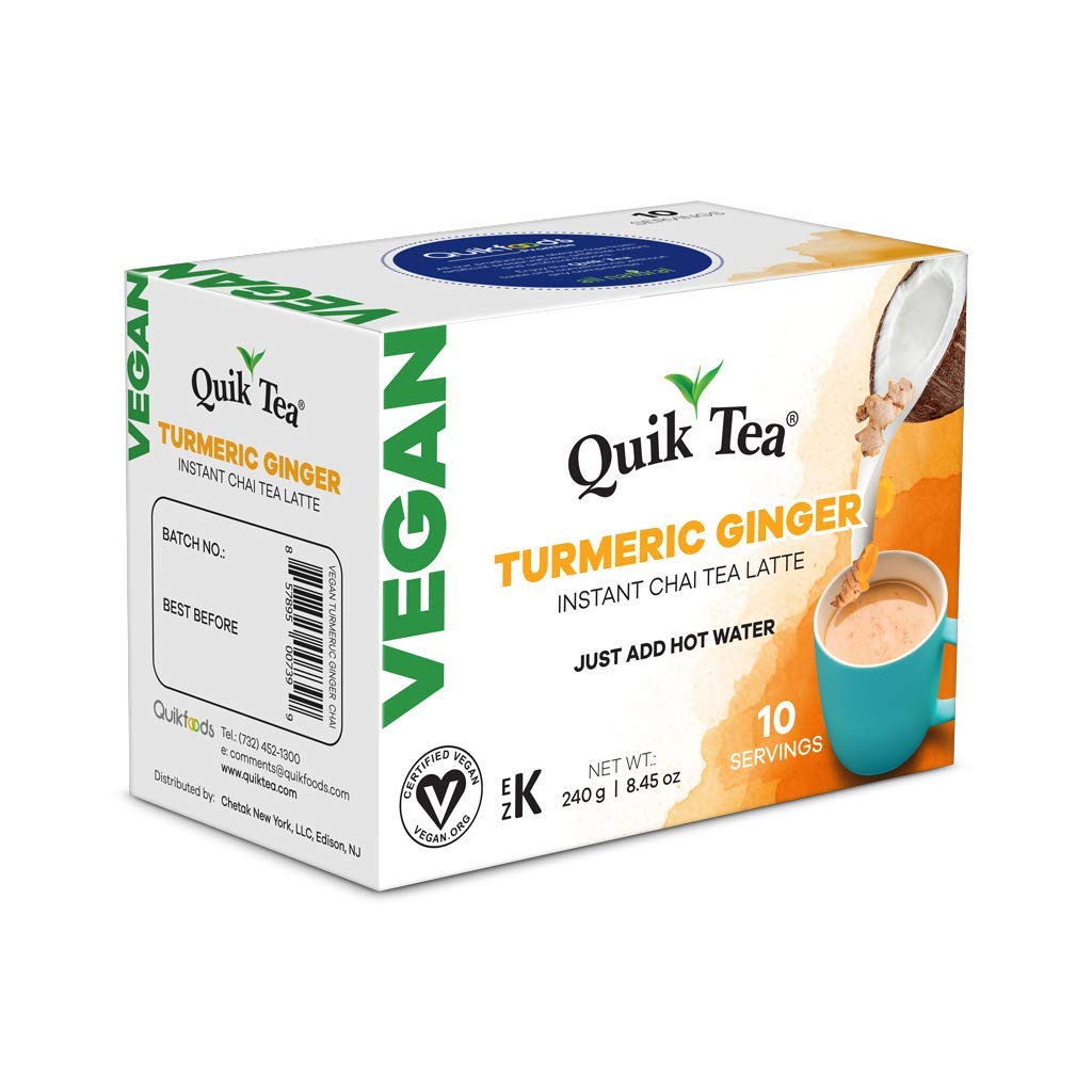 QuikTea Vegan Turmeric Ginger Chai Tea Latte Mix - 10 Count Single Box - All Natural, Non GMO, Vegan Certified | Convenient & Easy Dairy Free Instant Chai Tea Mix | Healthy Coffee Alternative