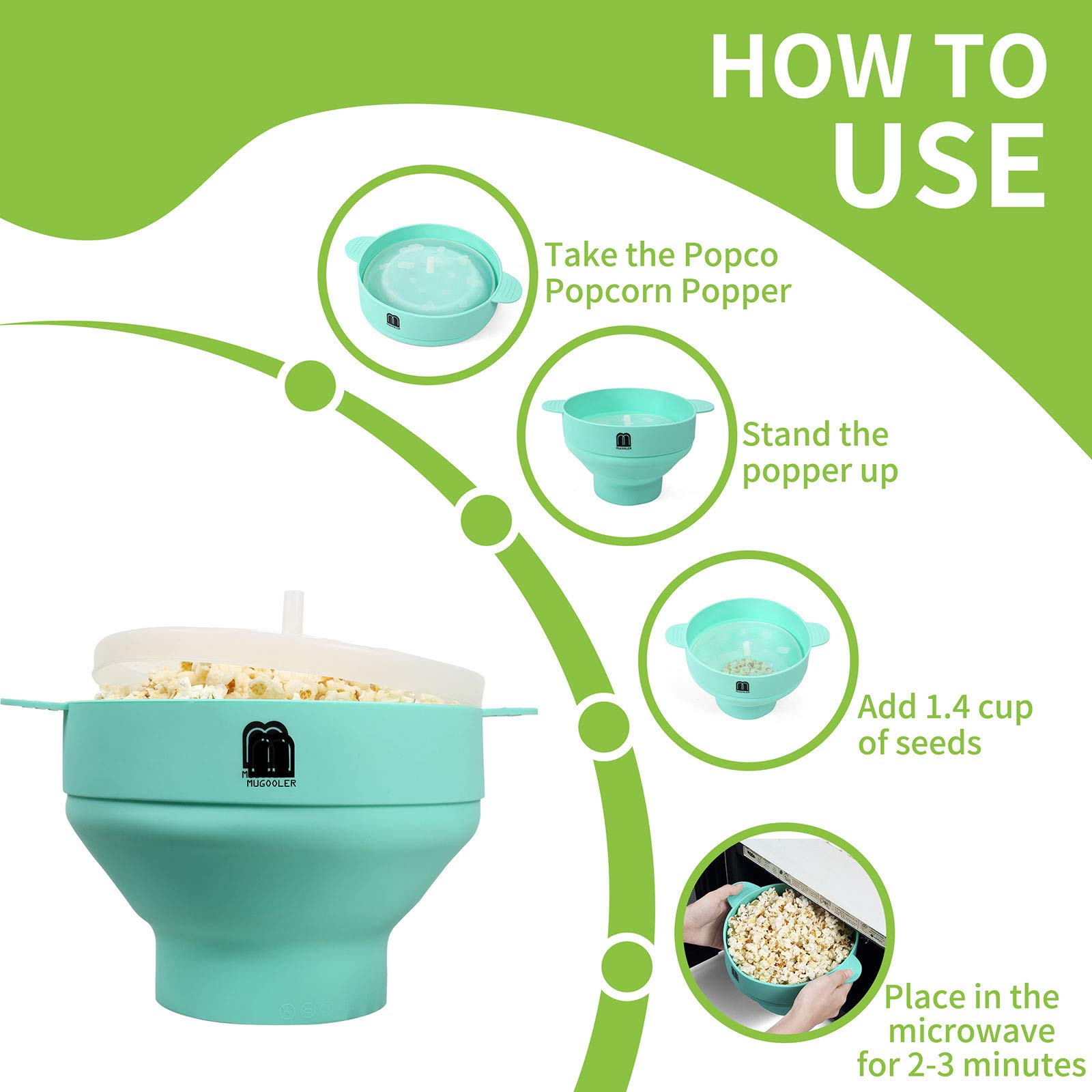 MMUGOOLER Original Microwave Popcorn Popper Silicone Popcorn Maker, Collapsible Bowl with Lid BPA Free and Dishwasher Safe, Quick & Easy(Blue)