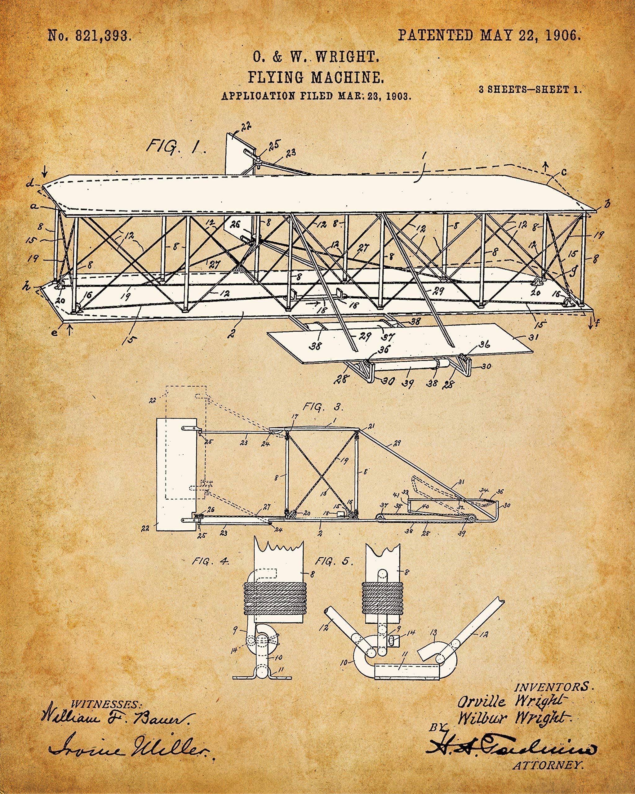 Original Flying Machines Patent Prints - Set of Four Photos (8x10) Unframed - Makes a Great Home or Man Cave Decor and Gift Under $20 for Engineers and Pilots