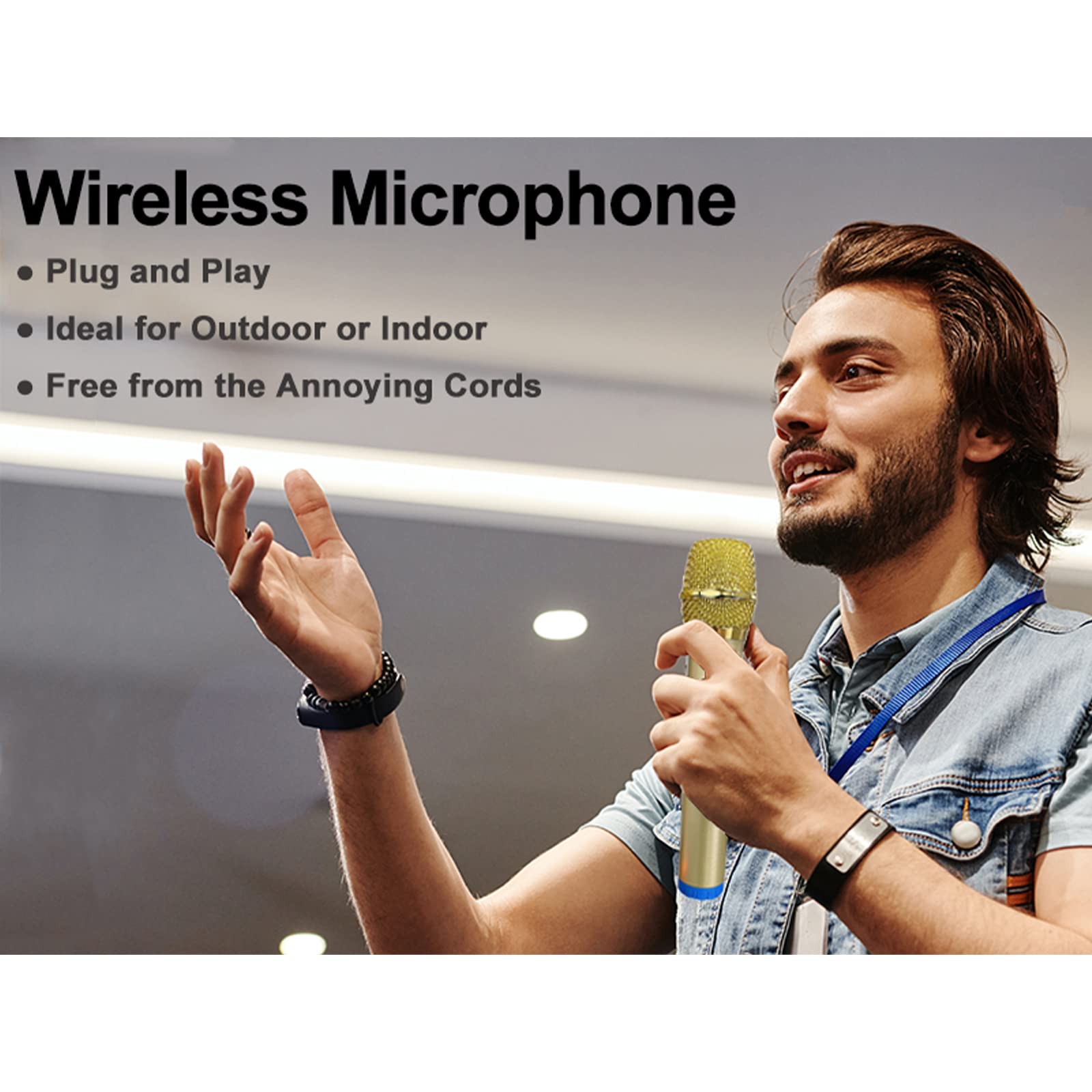 KUAILEGO Wireless Microphone, 200 ft Range, 1/4‘’&1/8‘’Output, UHF Dual Cordless Metal Dynamic Mic System with Rechargeable Receiver, for Karaoke, Wedding, DJ, Party, Speech, Church
