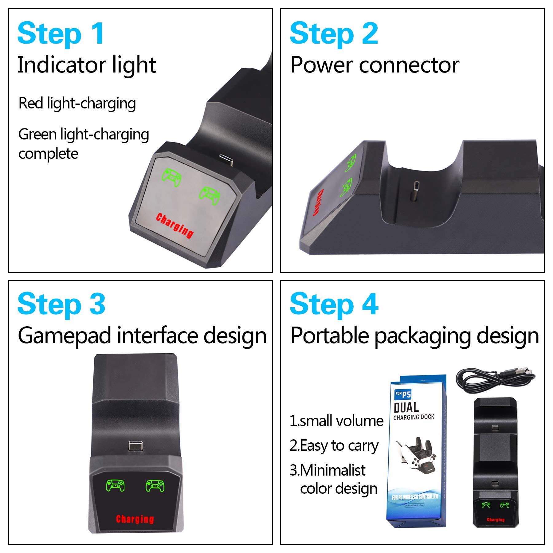 My Genik PS5 DualSense Controller Charging Station,USB Type C PS5 Controller Charger with LED Indicator,Dual Charging Dock for Playstation 5 / PS5/ Controller