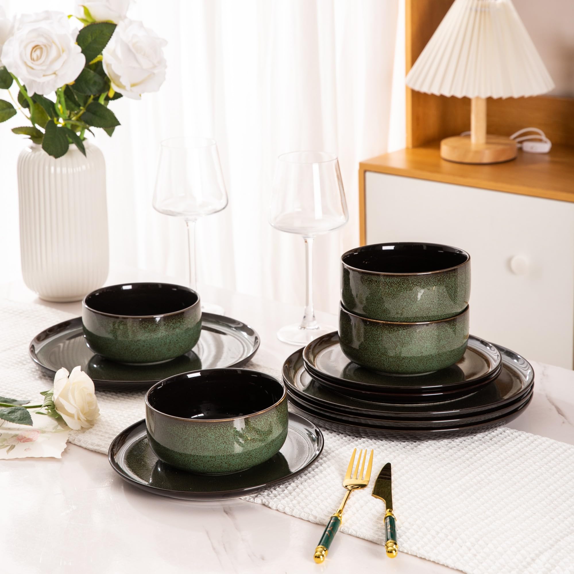 LeRatio Ceramic Dinnerware Sets of 4,Poreclain Plates and Bowls Sets,Handmade Reactive Glaze Dishes Set,Chip Resistant and Scratch Resistant | Oven&Dishwasher & Microwave Safe,Service for 4-Green