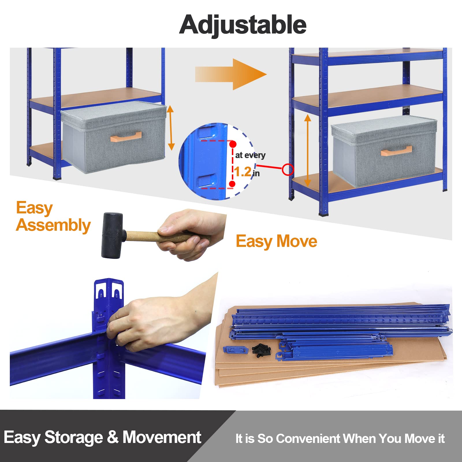 Wefrib Heavy Duty Shelf - Garage Shelving Units with 5 Tier Shelves Heavy Duty Rack with a max Load of 1900lbs for Garages, Sheds, Warehouses, Workshops (Blue, L)