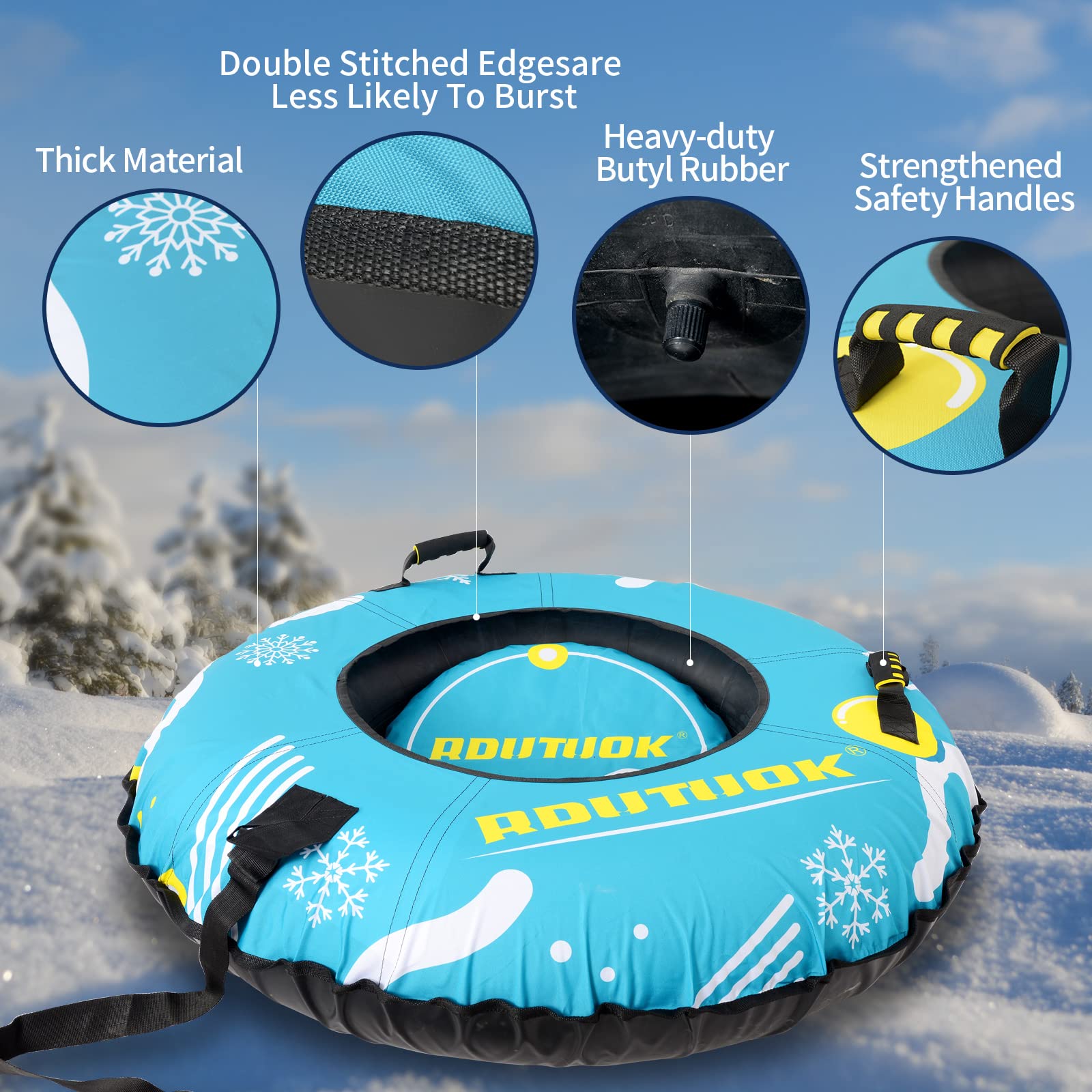 Rdutuok 47 Inch Inflatable Heavy Duty Snow Tube with Premium Canvas Cover and Nylon Tow Strap Safety Cushion Snow Tubes for Sledding