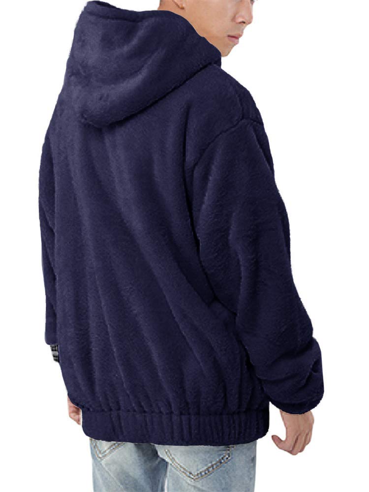 Mens Fleece Hoodies Sweatshirt Winter Warm Fuzzy Pullover Chunky Fluffy Outwear Navy Blue