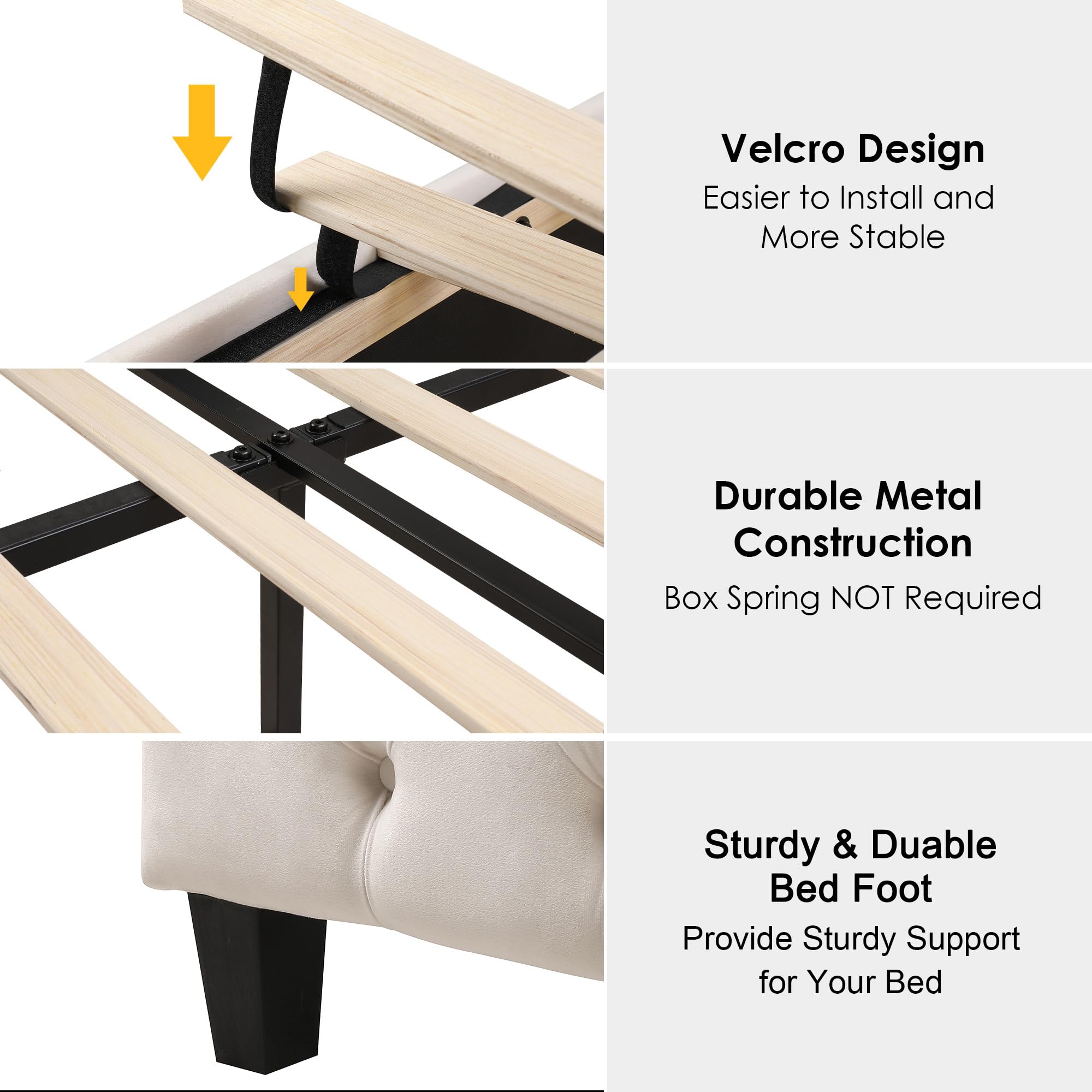Keyluv Queen Size 54.3β Tall Platform Bed Frame with Deep Button Tufted Wingback Headboard and Footboard, Velvet Upholstered Bed Frame with Handmade Pleats, No Box Spring Needed, Beige/Cream