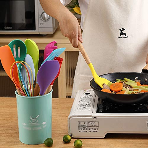 LMMDP 15 Piece Set of Cooking Green Silicone Kitchenware Shovel Spoon Kitchenware Tool Spoon Storage Bucket Set