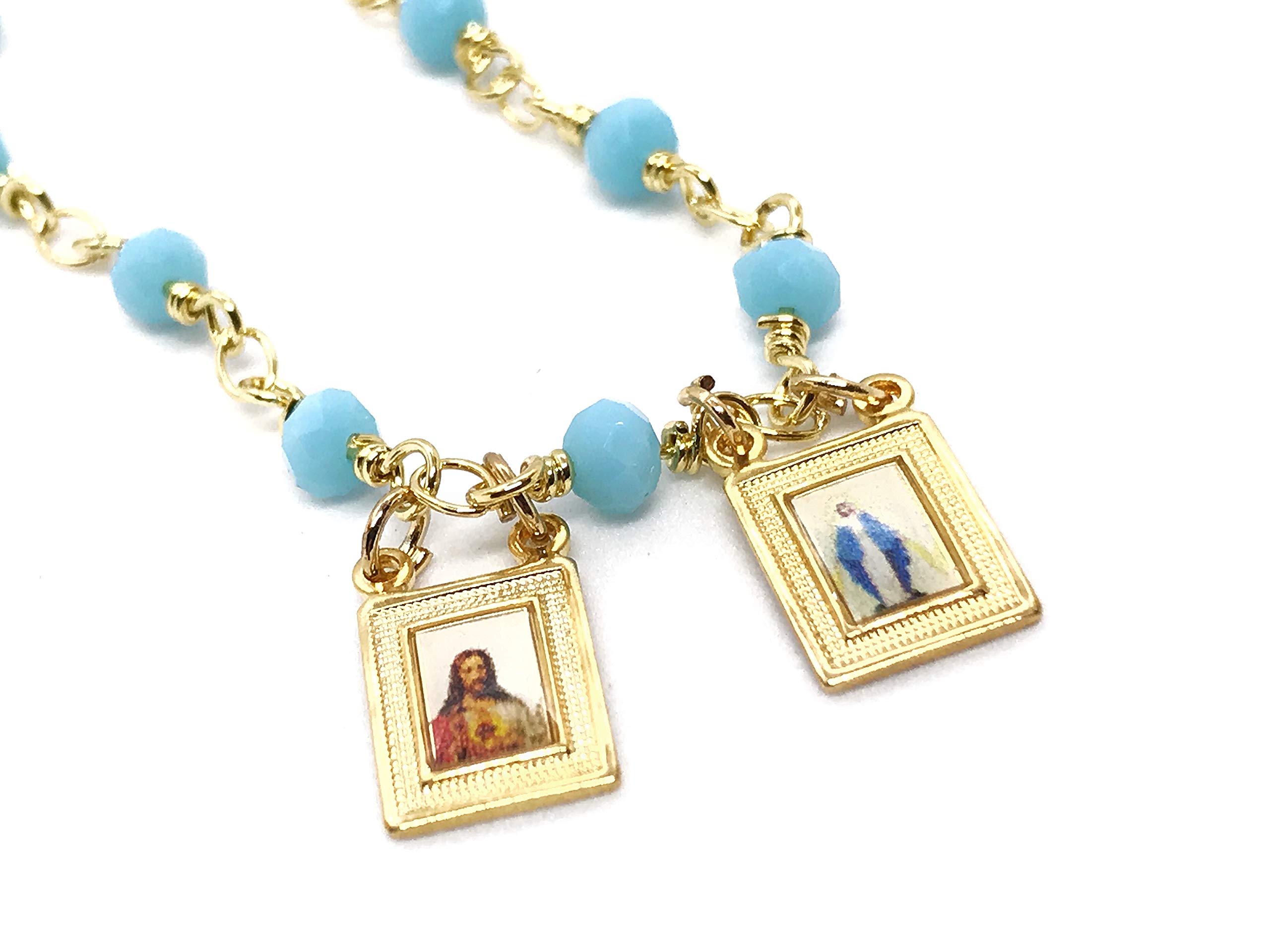 LESLIE BOULES Blue Ligth Beads Scapular Necklace for Women Hand-Craft Religious Jewelry