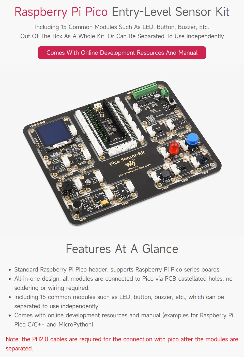 Waveshare Entry-Level Sensor Kit Compatible with Raspberry Pi Pico, Including Pico Expansion Board and 15 Common Modules-Sensor Kit Only