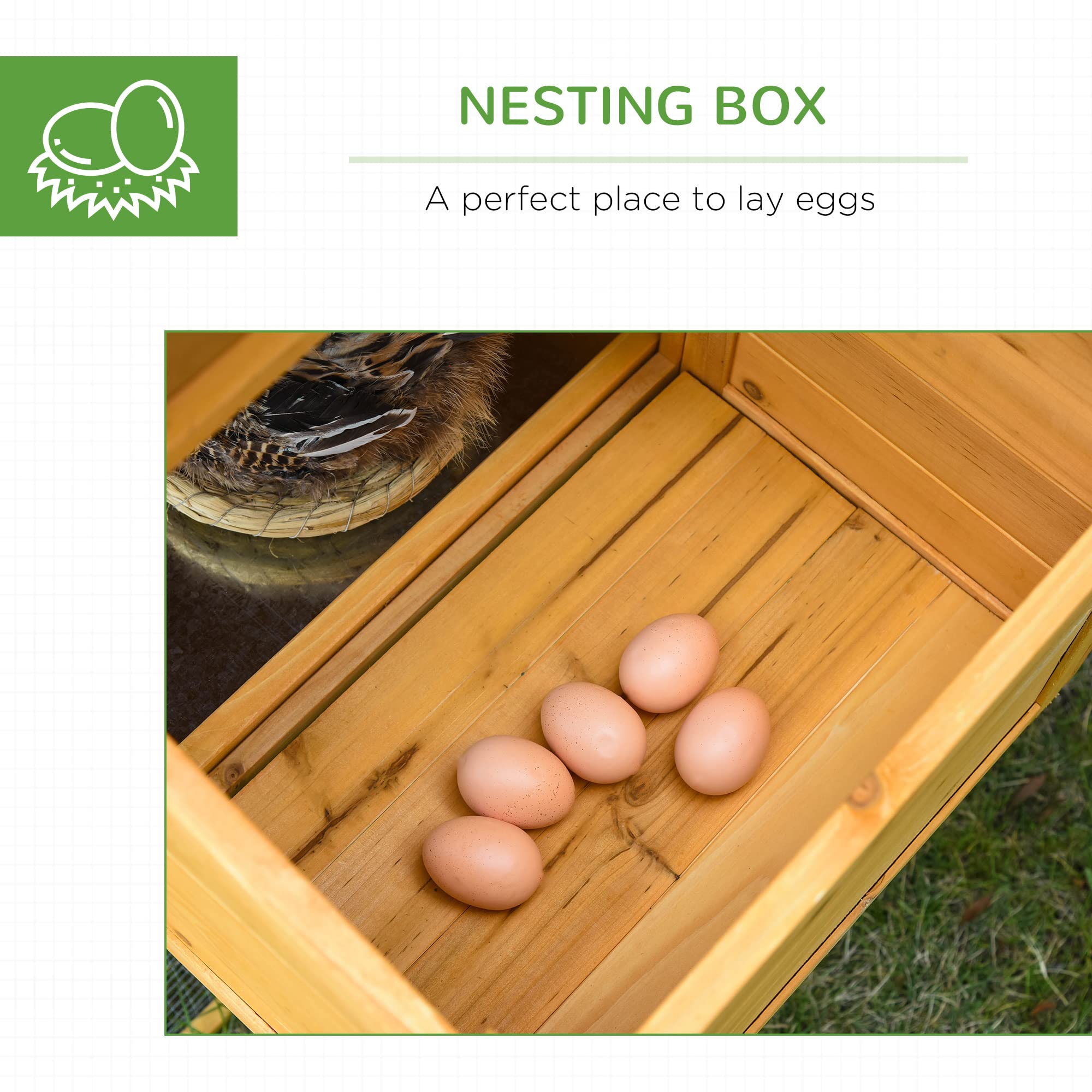 PawHut 66" Wooden Chicken Coop, Outdoor Hen House, Poultry Habitat with Removable Tray, Nesting Box, Ramp