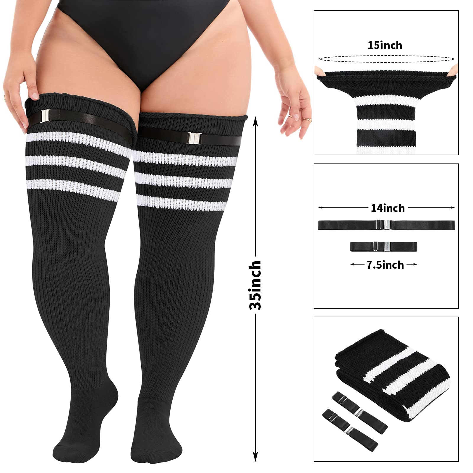 Plus Size Womens Thigh High Socks for Thick Thigh Extra Long Over the Knee Stockings Leg Warmers Boot Socks Black White One Size