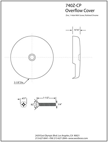 Westbrass 740Z-CP 3-1/8" One Bathtub Overflow Faceplate and Screw, 1-hole/ 1-Pack, Polished Chrome