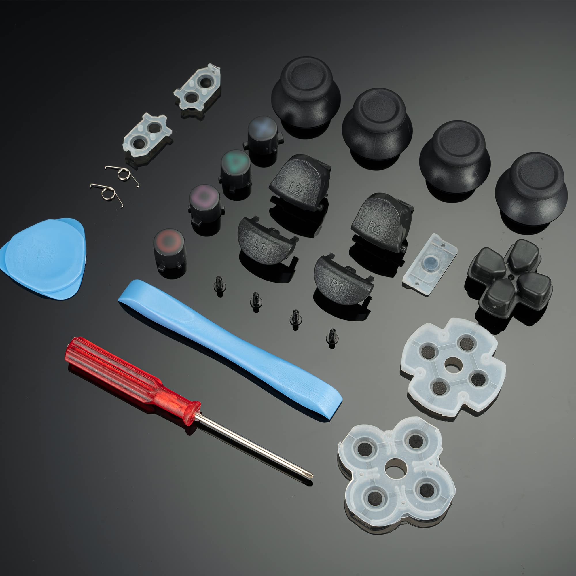 Replacement Thumbsticks Button Kit for PS4 Controller, L1 R1 L2 R2 Triggers, ABXY Buttons, D-pad, Springs and Conductive Rubber Pads Repair Kit for PS4 Slim, Pro Controller (Model: CUH-ZCT2U)
