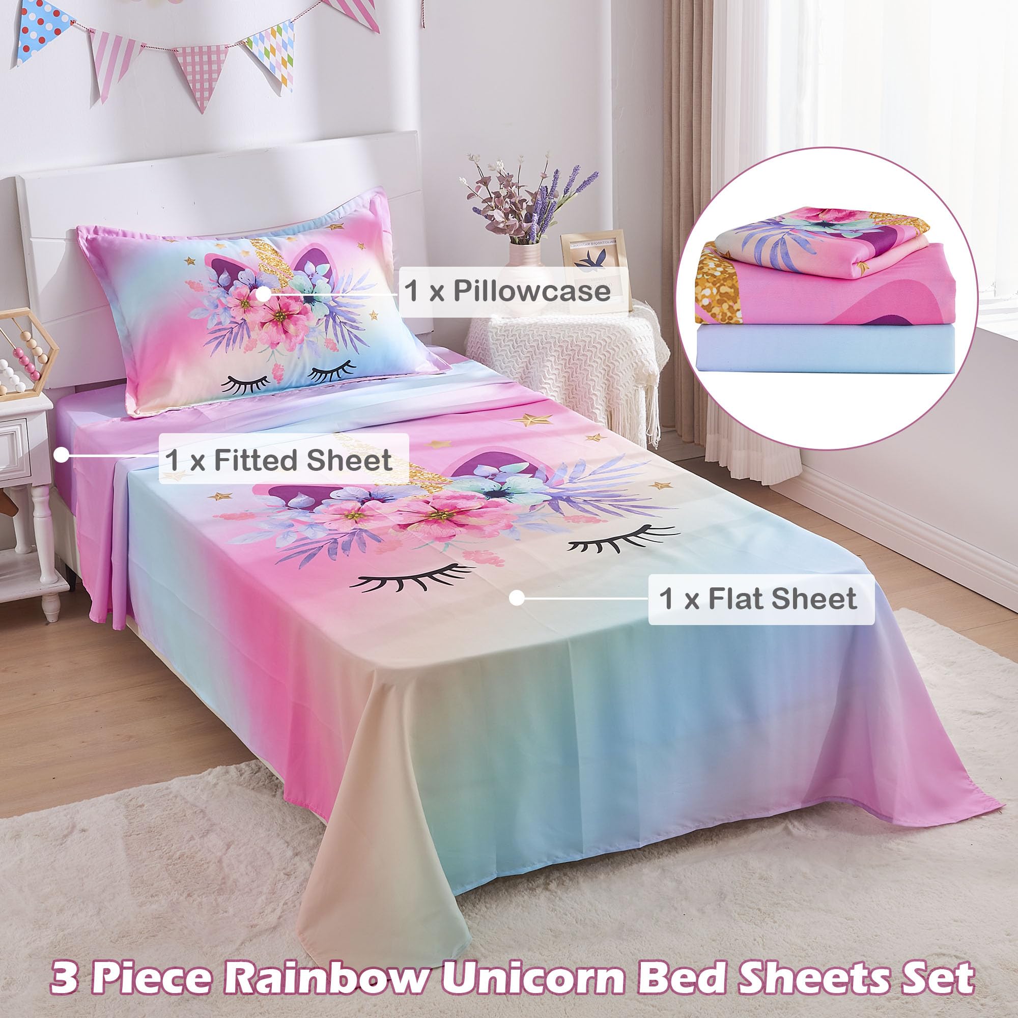 VIVILINEN Twin Size Sheet Set 3 Piece Rainbow Unicorn Kids Bed Sheets Set for Girls Kids Bedding Sheets Toddler Twin Bedding Set Include Flat Sheet, Deep Pocket Fitted Sheet and Pillowcase