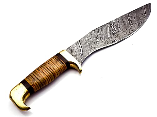 MID AMERICA Cutlery Custom Hand Made Beautiful Damascus Hunting Knife Kukri Handle Sketched Leather, Steel