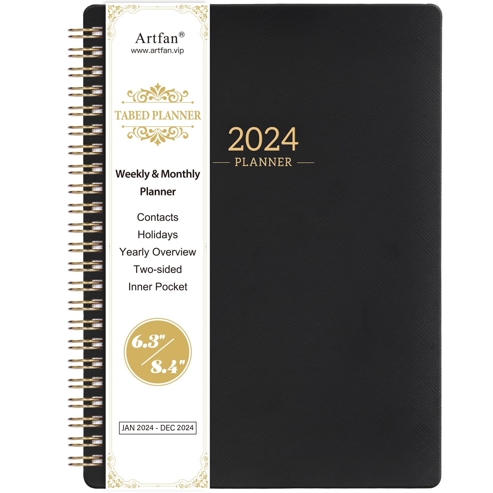 Planner 2024 - Planner/Calendar 2024, Jan.2024 - Dec.2024, 2024 Planner Weekly & Monthly with Tabs, 6.3" x 8.4", Hardcover + Back Pocket + Twin-Wire Binding, Daily Organizer - Mystic Black