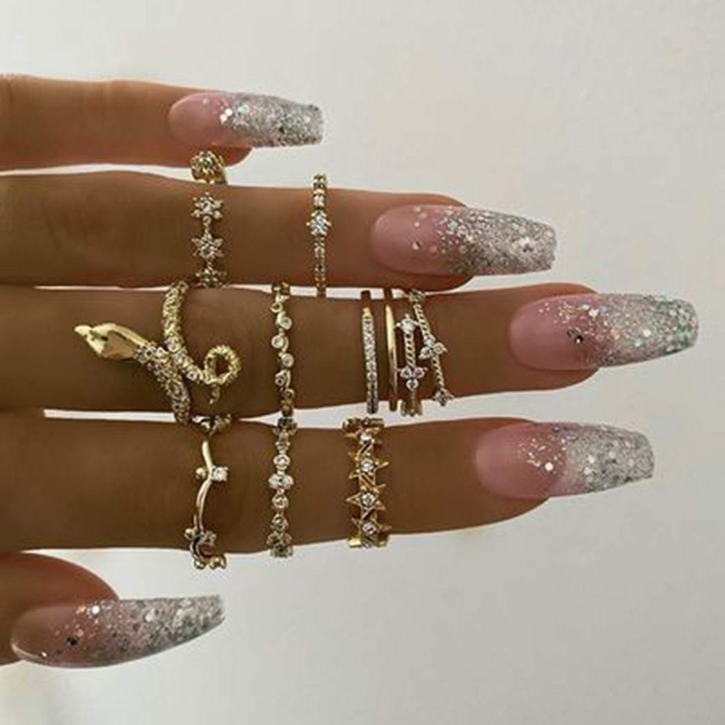 Metisee Boho Serpentine Ring Sets Gold Vintage Carved Joint Knuckle Ring Crystal Stacking Midi Ring for Women (9PCS)
