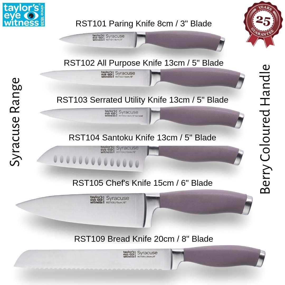 Taylors Eye Witness Syracuse Kitchen Knife 3pce Set - Paring 8cm/3.5β, Chefs 15cm/6β & Cooks All Purpose 13cm/5β Cutting Edge. Ultra Fine, Razor Sharp Blade. Soft Textured Grip Berry Colour Handle