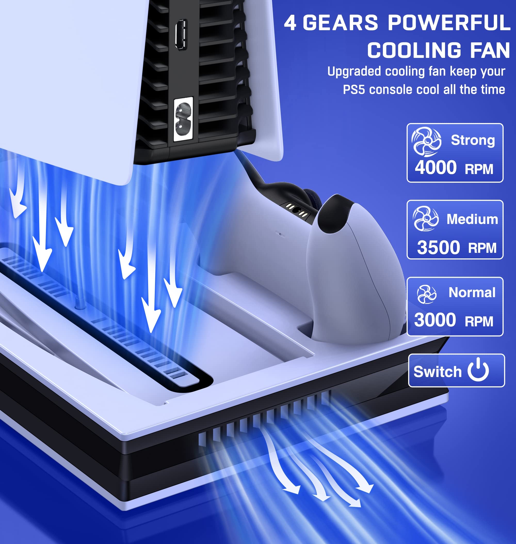 Stand Cooling Fan with Dual Controller Charging Station for PlayStation 5 Console Disc and Digital Editions, for PS5 Holder Accessories with 3 Level Cooling Fan, Headset Holder, 3 USB Hub,Media Slot