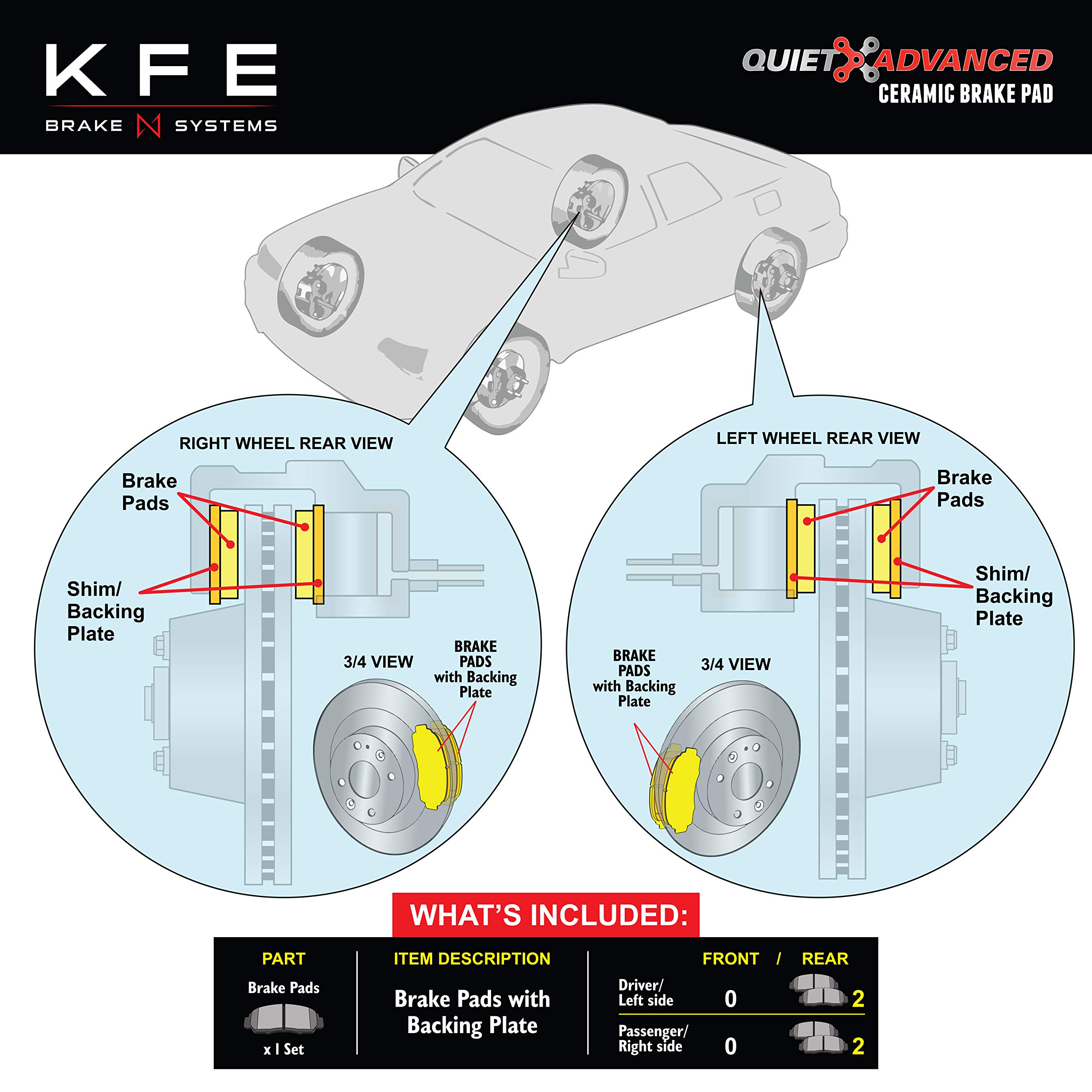 KFE KFE1665-104 Ultra Quiet Advanced Premium Ceramic Brake Pad REAR Set Compatible With: Ford Fusion, Escape, Edge; Lincoln Continental, MKC, MKX, MKZ