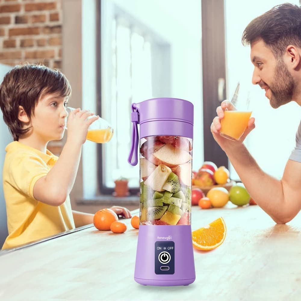 Renewgoo BlendMate Blender Portable Juicer Travel Bottle Portable Personal USB-C Mini Rechargeable Electric Smoothie Maker, Fruit & Veggie Blending To Go, Purple
