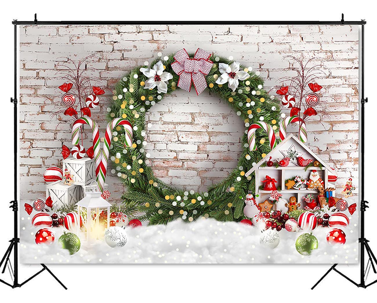 Mocsicka Christmas Photography Backdrop Xmas Candyland White Brick Wall Background Christmas Candy Canes Xmas Wreath Background for Kids Photo Booth Props (7x5ft (82x60 inch))