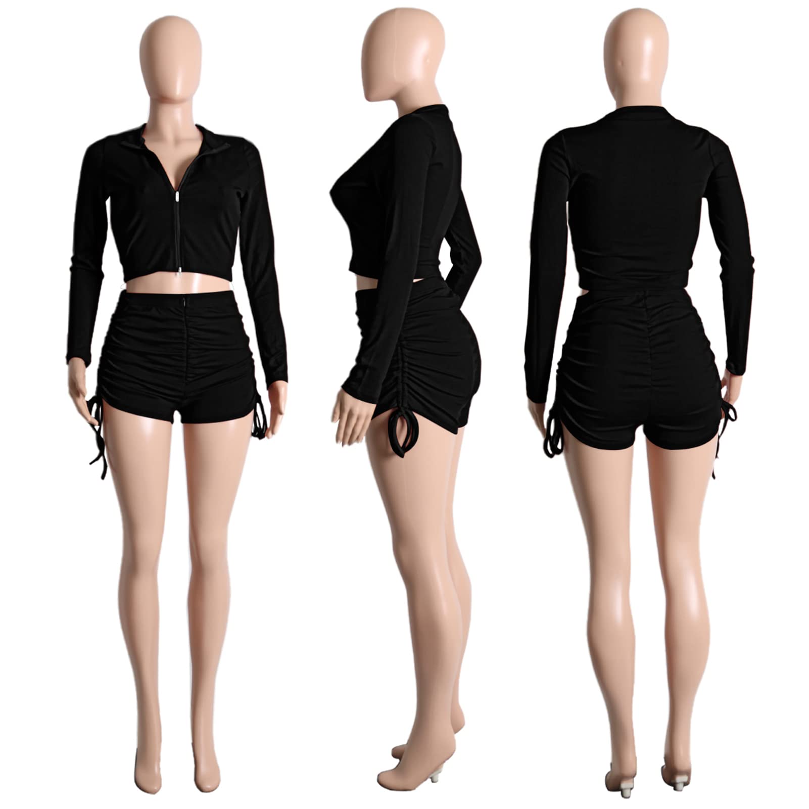 PRIVIMIX Two Piece Outfits for Women, Long Sleeve Ribbed Stretchy Crop Top Drawstring Ruched Shorts Casual Workout Sets Black XL
