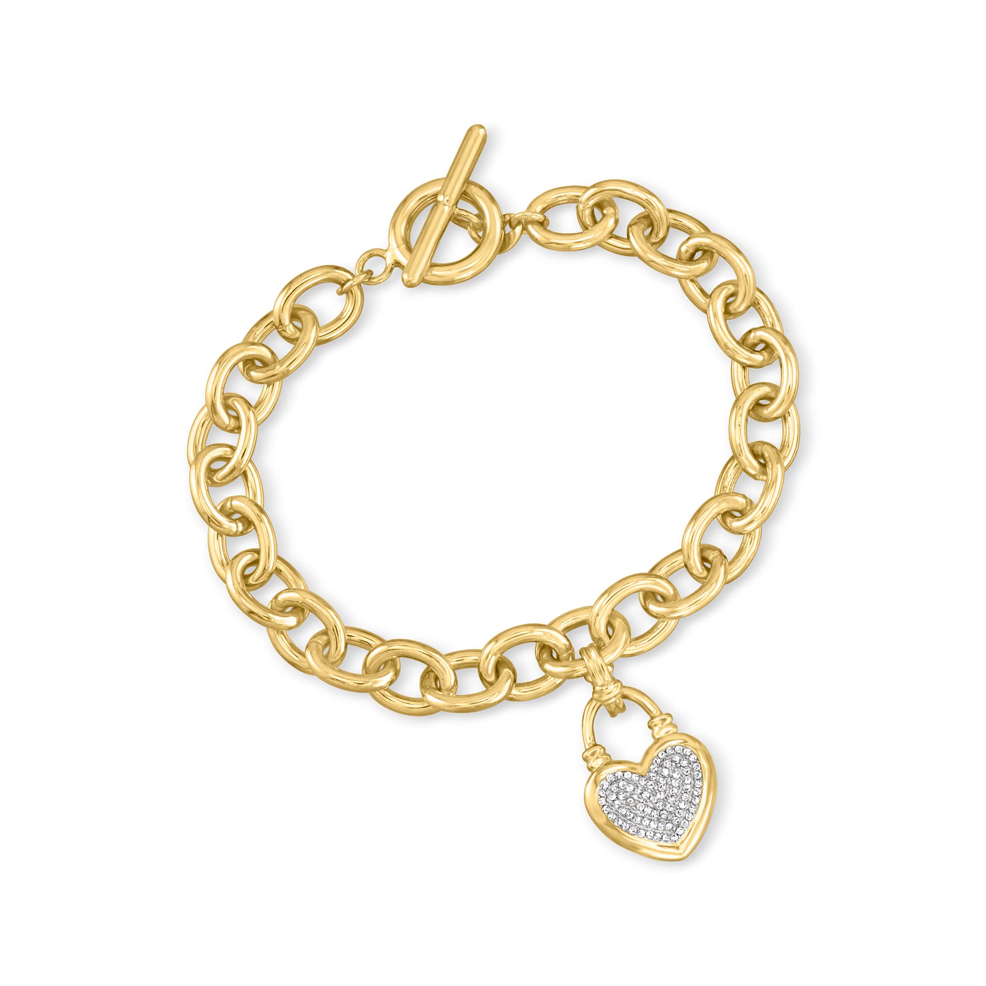 Ross-Simons 0.25 ct. t.w. Diamond Heart Lock Charm Toggle Bracelet in 18kt Gold Over Sterling. 7.5 inches