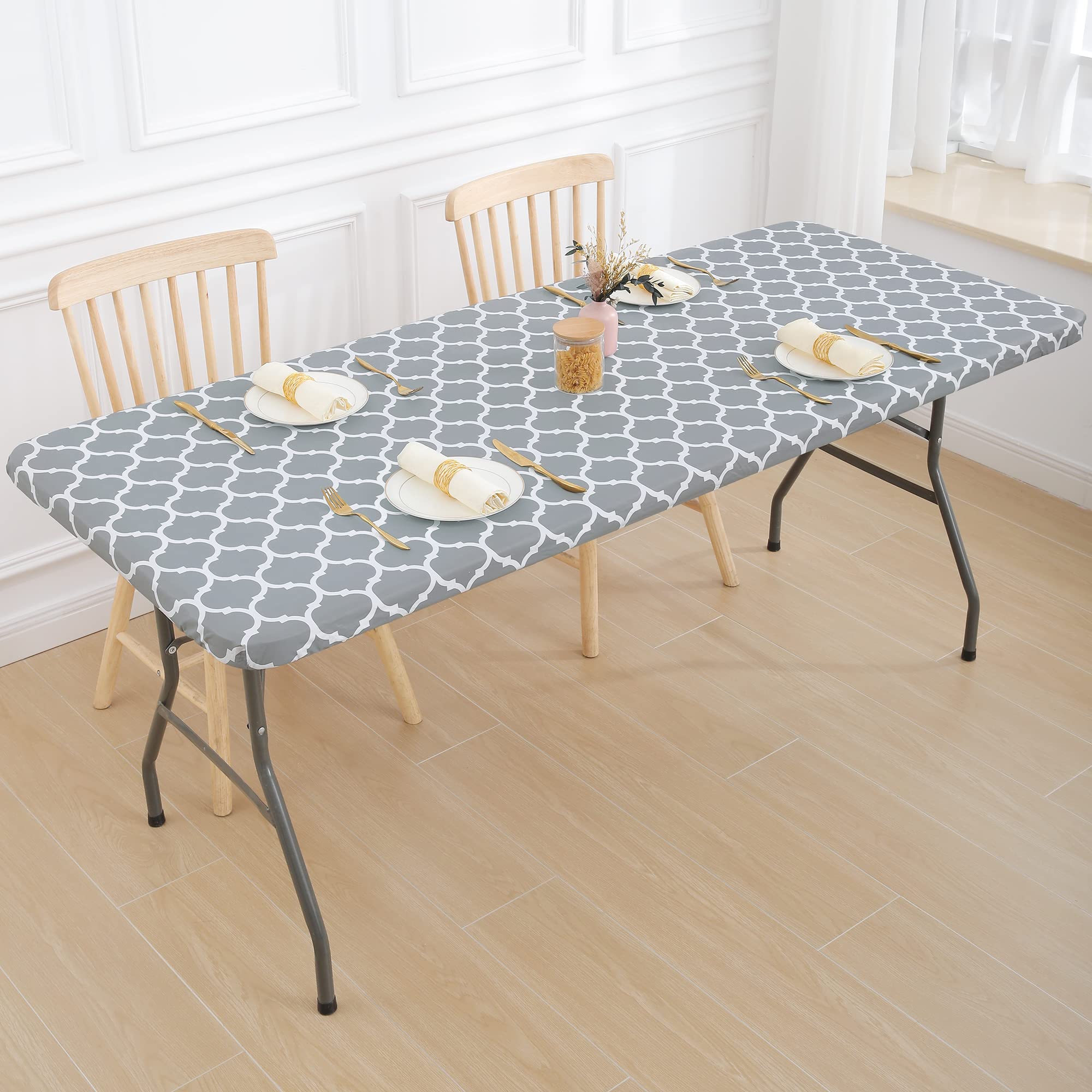 smiry Rectangle Picnic Tablecloth, Waterproof Elastic Fitted Table Covers for 4 Foot Tables, Wipeable Flannel Backed Vinyl Tablecloths for Camping, Indoor, Outdoor (Grey Morocco, 30x48 Inches)