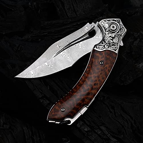 SPIRIT DEED Japanese VG 10 Damascus Steel Folding Knife, Outdoor Wilderness Survival Pocket Knife, Snake Wood Handle Lined Lock, Leather Sheath, EDC Pocket Knife