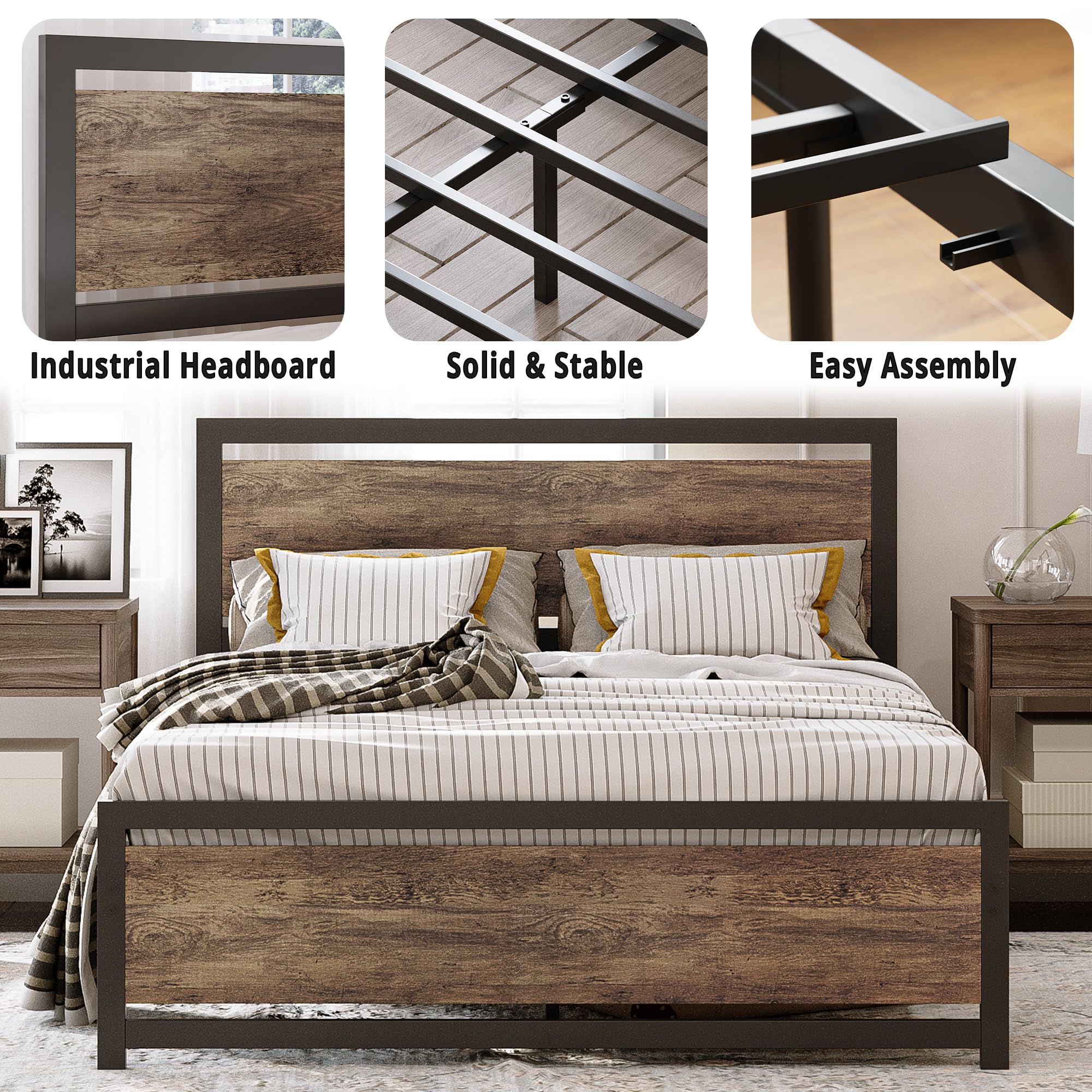LIKIMIO Full Bed Frame with Headboard and Footboard, Metal Strong Supports, Easy Assembly, Noise-Free, No Box Spring Needed, Vintage Brown